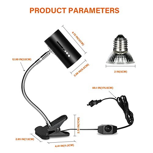 Simple Deluxe Reptile Lamp Fixture Holder Clamp Lengthened Adjustable Socket with Wider and Deeper Spot Light Barrel Dimmable Switch 25W UV Bulb Included, for Lizard Tortoise Snake Aquarium Habitat