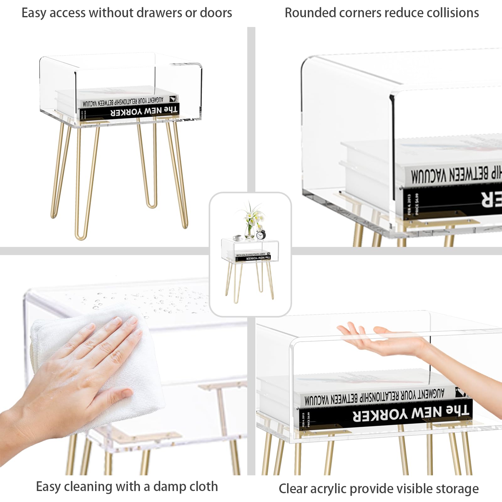 KSacry Small Acrylic Nightstand with Metal Legs-23.4‘ H Bedside Table for Small Spaces for Bedroom, Easy Assembly, Modern, Clear & Gold(17.5'' L x 14.9'' W x 23.4'' H)