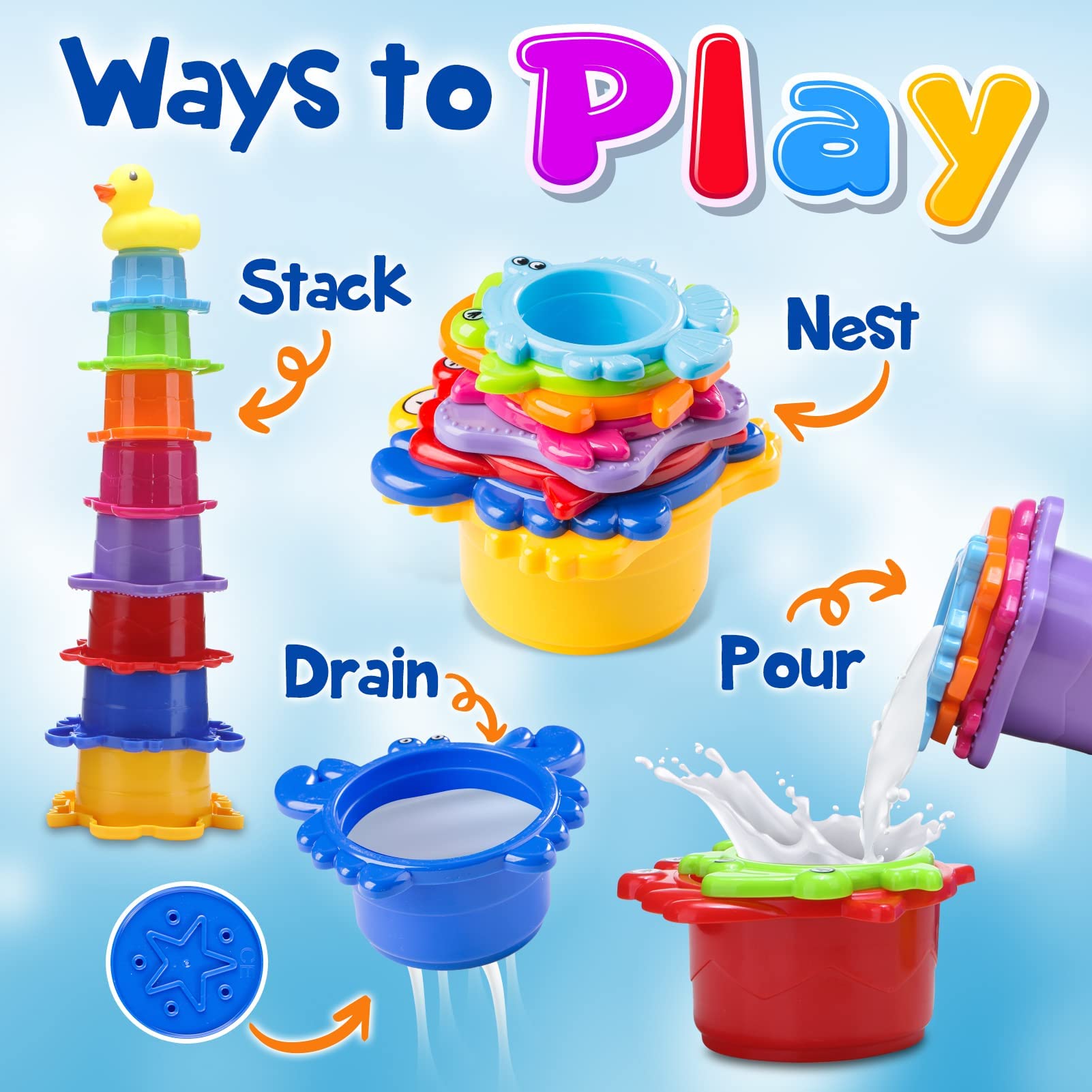 Stacking Cups Bath Toys for Toddlers, Rainbow Bath Cups for Baby 1-3 Years Old, Safe Infant Nesting Cups with Rubber Duckie for Fun Bath Time, Birthday Stocking Stuffers Early Learning Educational Toy