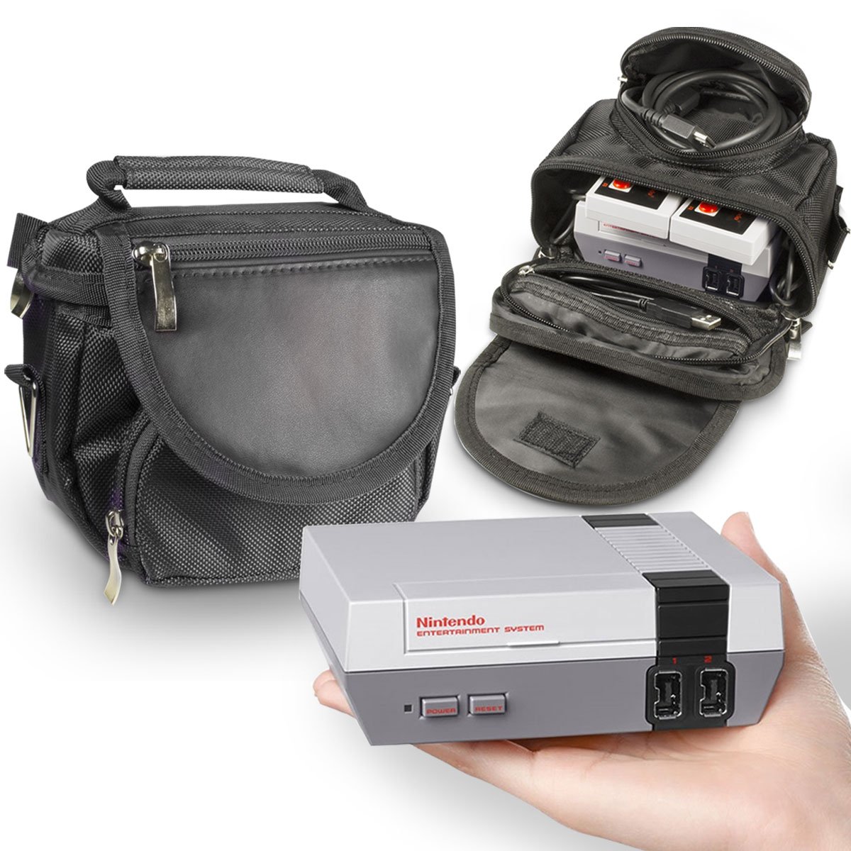 Orzly® Travel & Storage Bag for Nintendo NES Classic Edition (New 2016 Model Mini Version of NES Console) - Fits Console + Cable + 2 Controllers - Includes Shoulder Strap + Carry Handle - Black