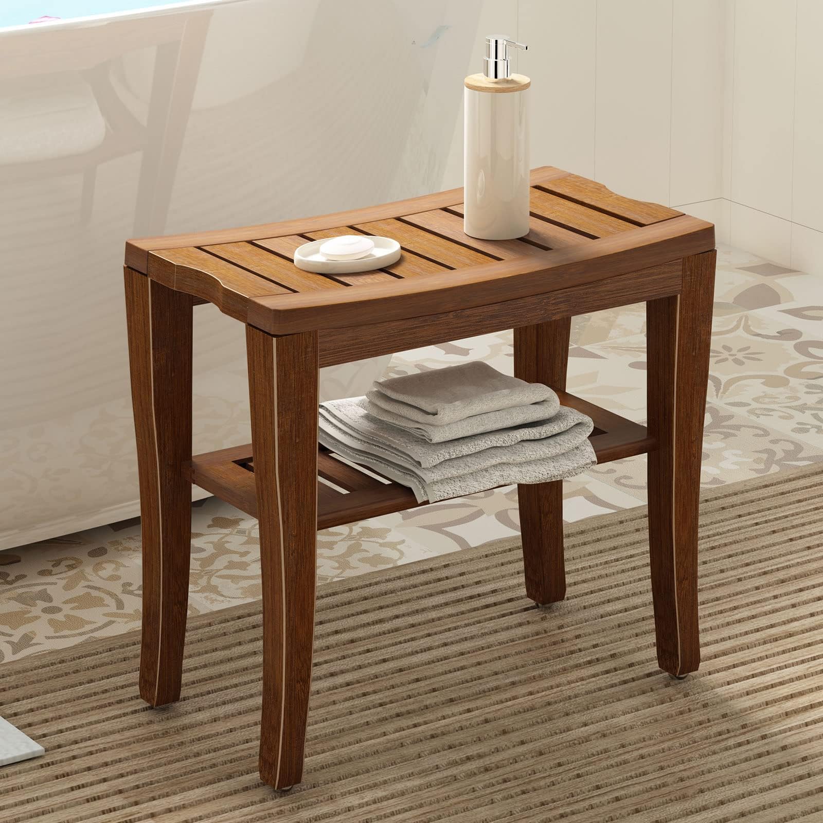 SogesPower Bamboo Shower Bench Bathroom Spa Bench Shower Seat Shower Bench Waterproof Storage Shelf, Walut