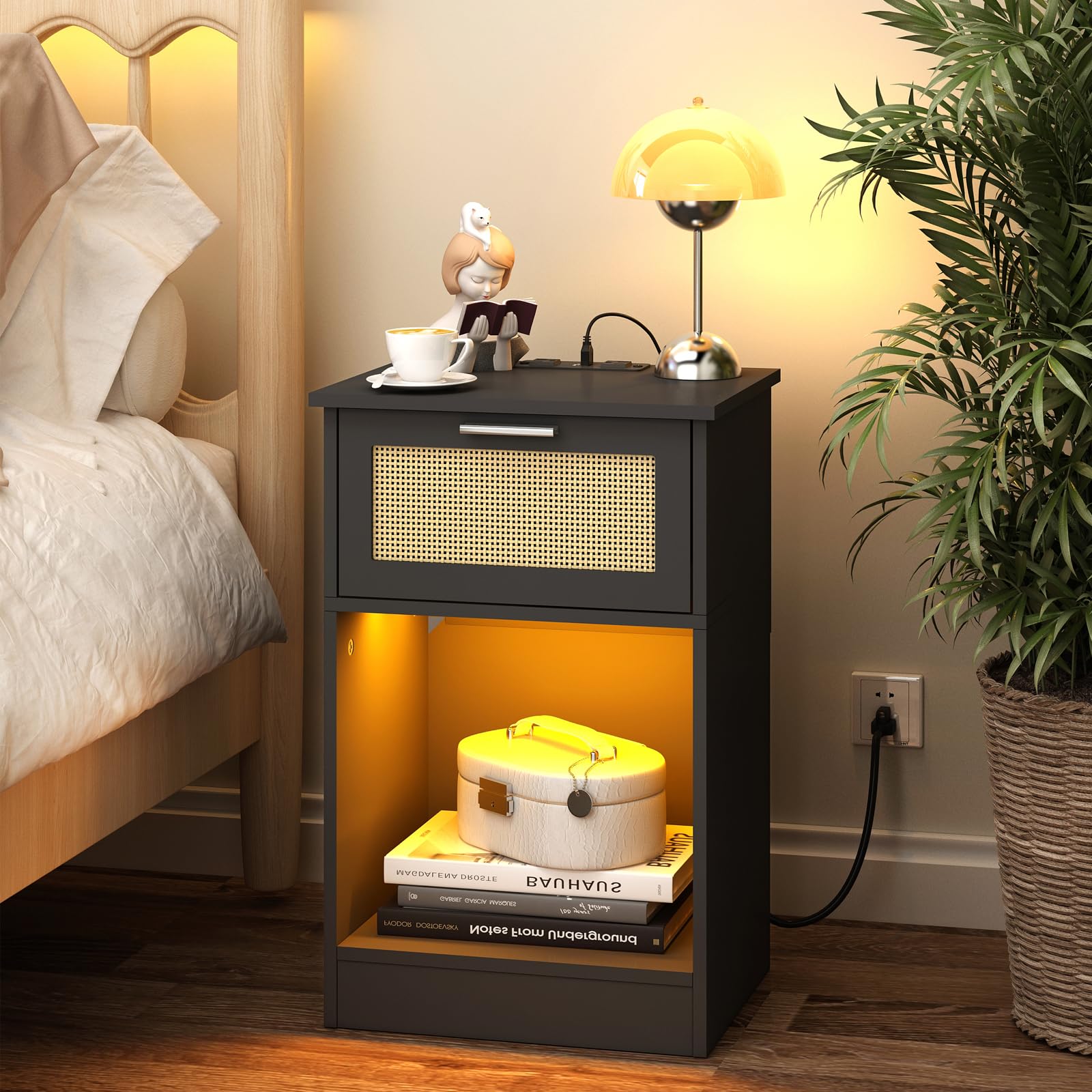 LAATOOREE Rattan Nightstand with Charging Station and LED Light, Bedside Table with Rattan Door, Boho Side End Table with Open Storage for Bedroom