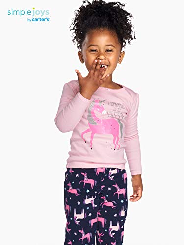 Simple Joys by Carter's Girls' 4-Piece Pajama Set (Cotton Top & Fleece Bottom), Mint Green Puppy/Navy/Pink Unicorn/White, 8