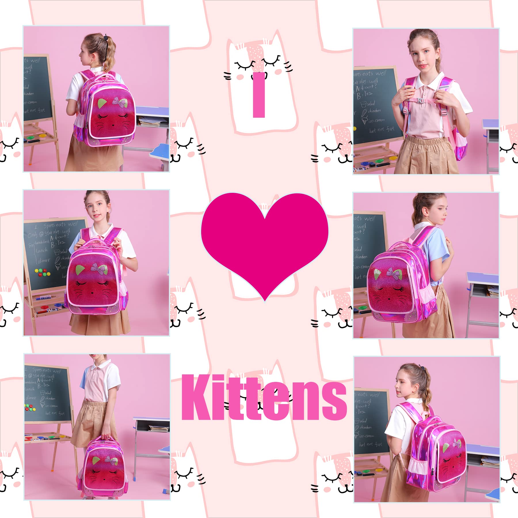 Dorlubel School Backpack for Girls, Kids Backpack Childrenās School Bag Cat face Diamond Glitter BookBags for Elementary (Rose Cat Set)