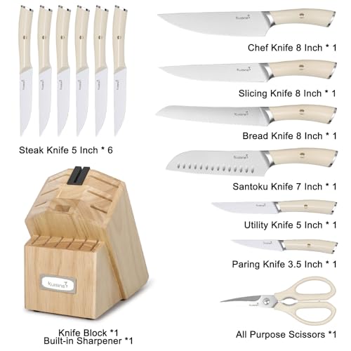 Kuisine Chef Knife Set Kitchen Utensil Set,High Carbon Stainless Steel Knife Set,Knife Block Set with Built-in Sharpener,Sharp Knife Set Forged,Elegant Gift(Ivory,15pcs)