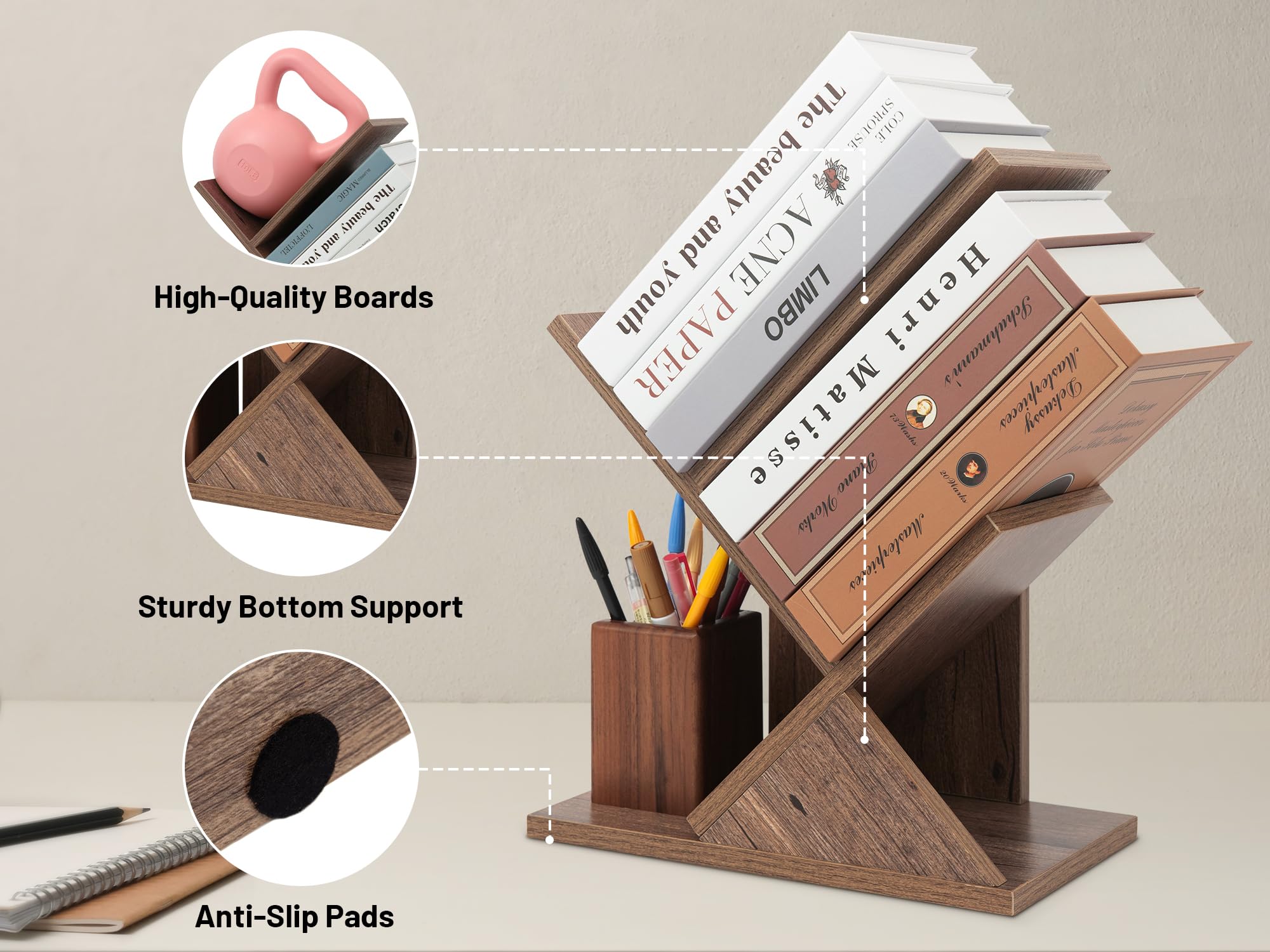 Labcosi 2 Tier Tree Bookshelf, Small Bookshelf for Storing Books/CDs, Wood Book Organizer Shelves for Home Office, Bedroom, Living Room, Rustic Brown