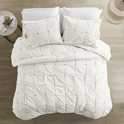 Ink+Ivy Masie Duvet Cover King/Cal King Size - White , Elastic Embroidery Tufted Ruffles Duvet Cover Set β 3 Piece β 100% Cotton Percale Light Weight Bed Comforter Covers