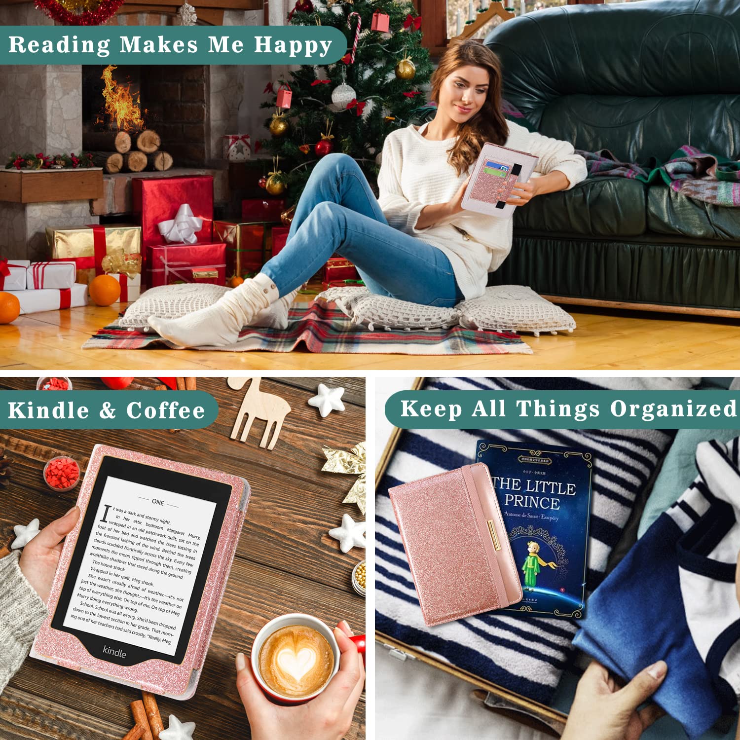DMLuna Kindle Paperwhite Case, Fits 11th Generation 2021, 6.8”, Smart Protective Durable Premium PU Leather Cover with Auto Sleep Wake, Hand Strap, Card Slots, Magnetic Clasp, Glitter Rose