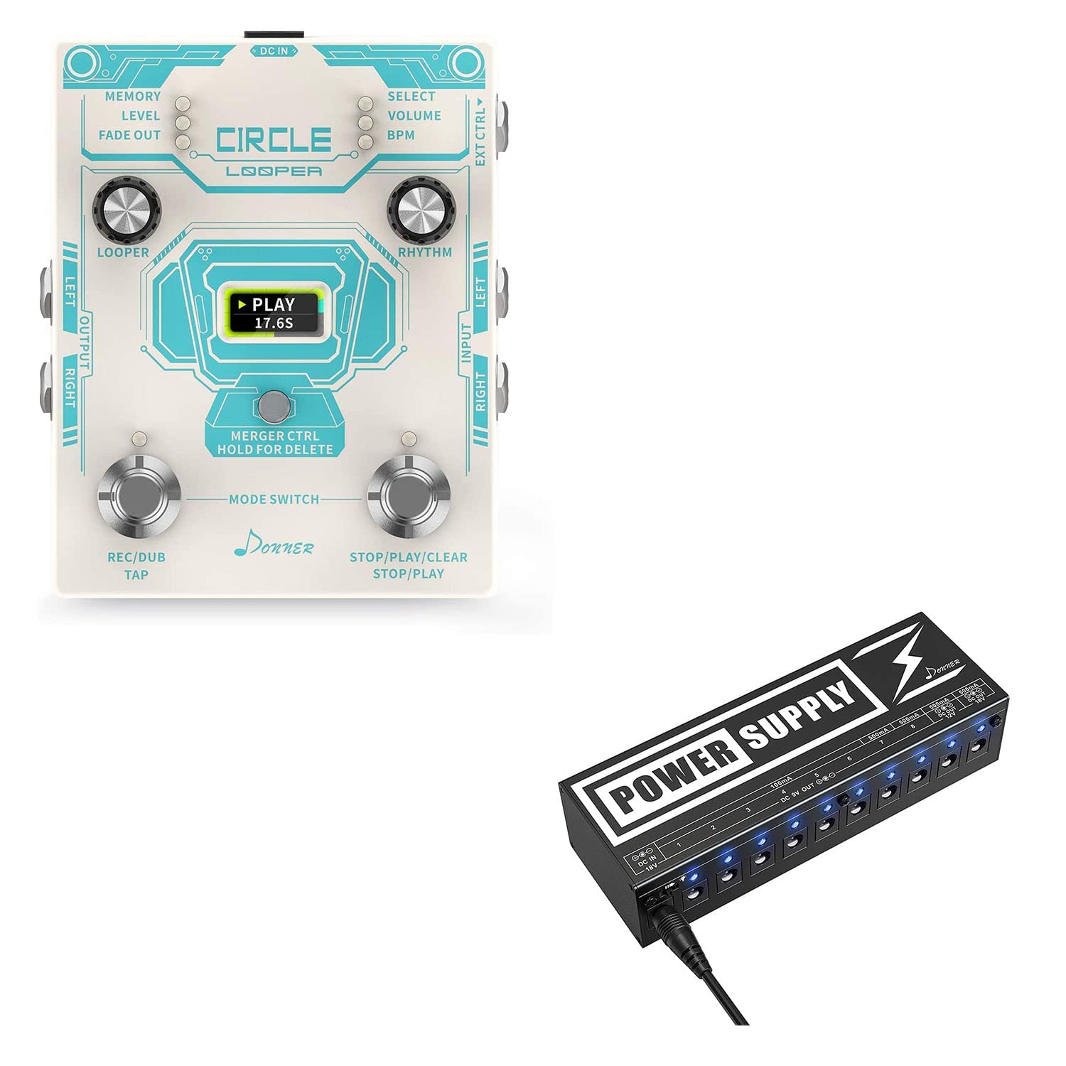 Donner Circle Looper Pedal & DP-2 Guitar Pedal Power Supply High Current 10 Isolated DC Output for 9V/12V/18V Effect Pedals
