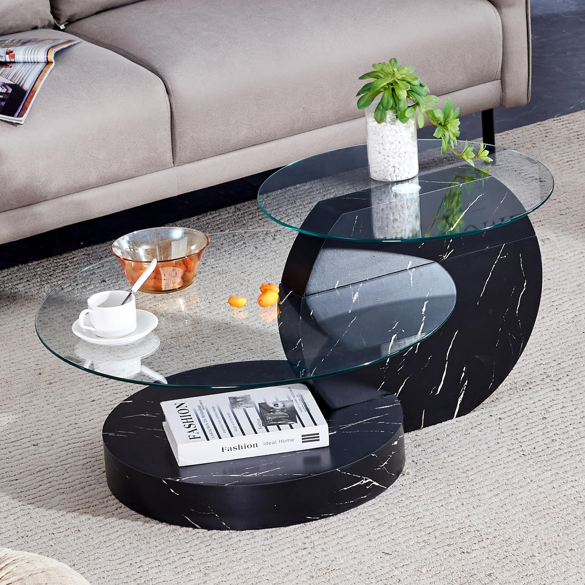Glass Coffee Tables for Living Room Round Coffee Tables Modern Double Layer Round Table Circle Coffee Table for Small Space Home Office (35.4 Inch Black)