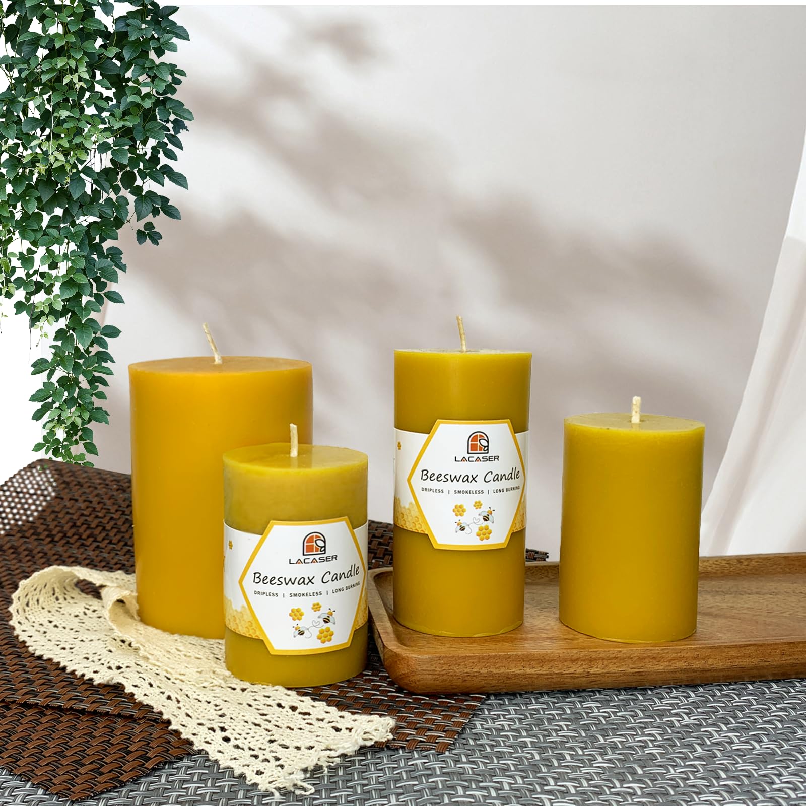 Lacaser Beeswax Pillar Candles,100% Pure Beeswax Candles,Long Burning Time 40 Hours Each,80 Hours Total for Set, Bees Wax Candle for Home, Size 2βx 4β (2 Packs), Dripless& Smokeless