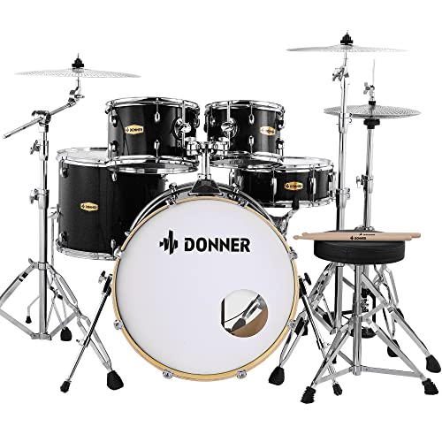 Donner Drum Set Adult 5-Piece with Practice Mute Pad, 22 inch Full-Size Acoustic Drum Kit Transparent Acrylic high-end, Red-DDS-1000p