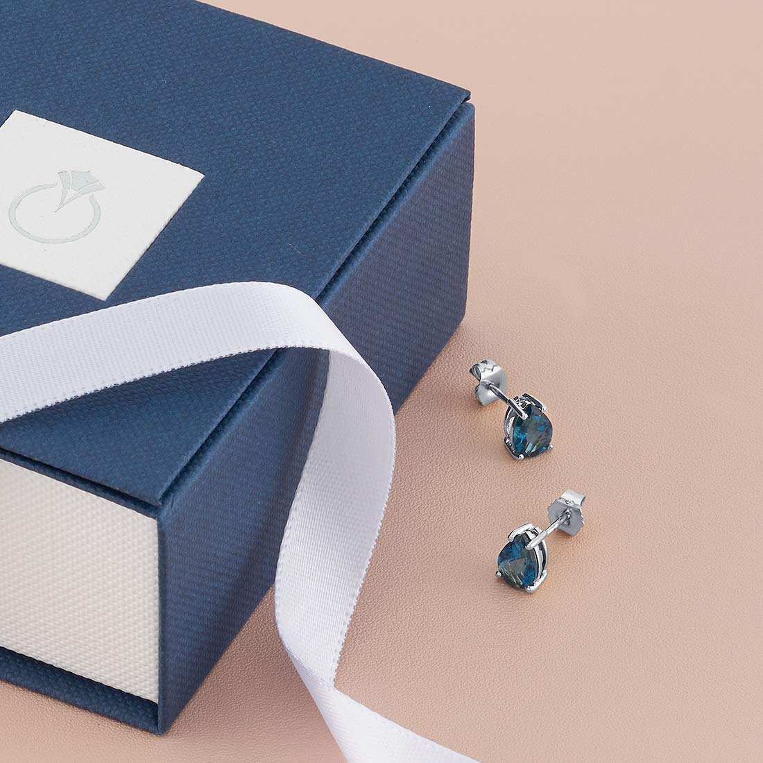 Peora 14K White Gold London Blue Topaz Earrings for Women, Natural Gemstone Solitaire Studs, 1.50 Carats Pear Shape, AAA Grade, Friction Back, December Birthstone Earrings, Gold Studs