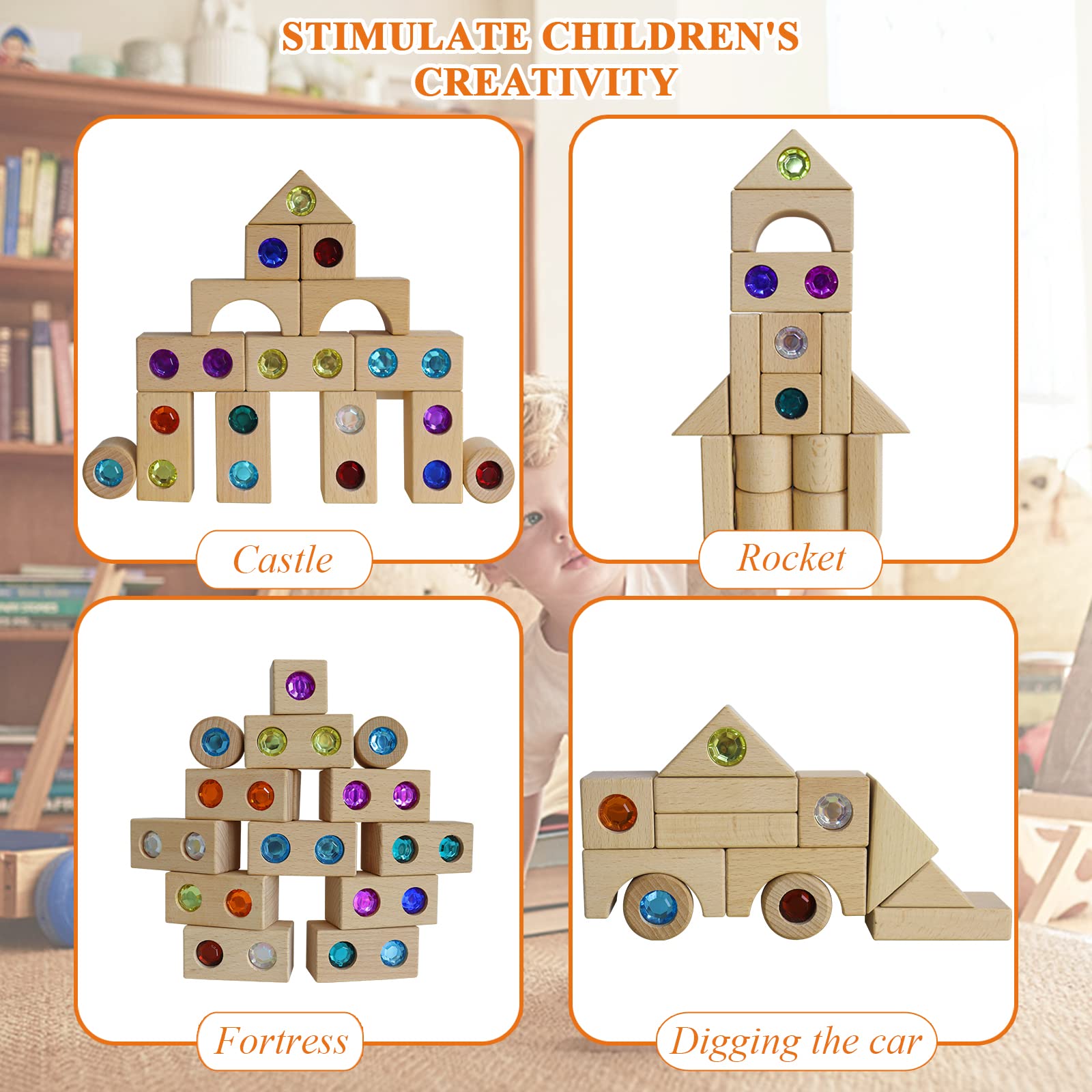Wooden Building Blocks with 50 Pcs Rainbow Stacker Sensory Blocks Stacking Game Construction Building Toys Set Preschool Construction Color Block Learning Educational Toys for 3-5 Toddlers Boys Girls
