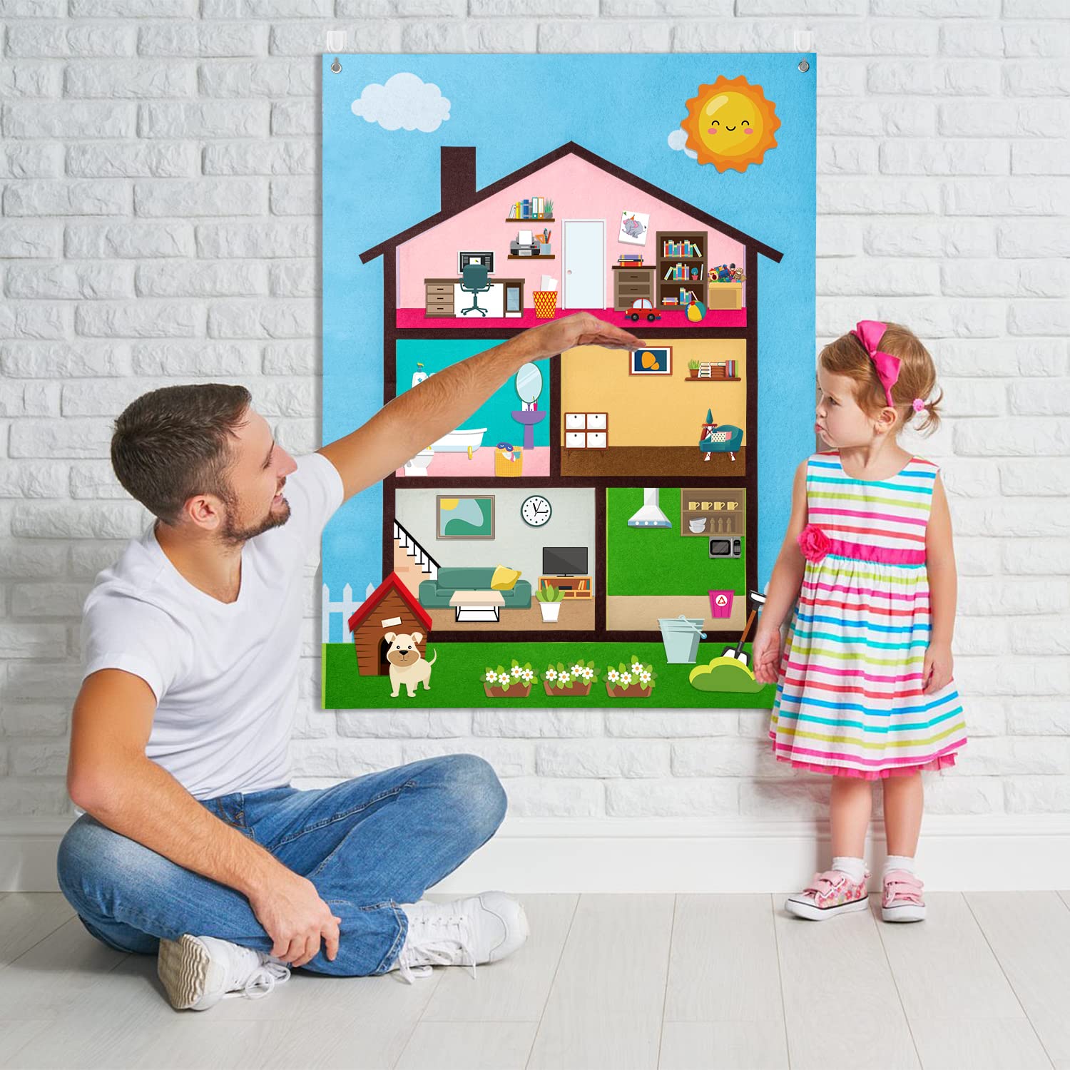 WATINC 98Pcs Build My House Felt Story Board Set 3.5Ft Preschool Family Theme Early Learning Interactive Play Kit Wall Hanging Gift for Toddlers Kids