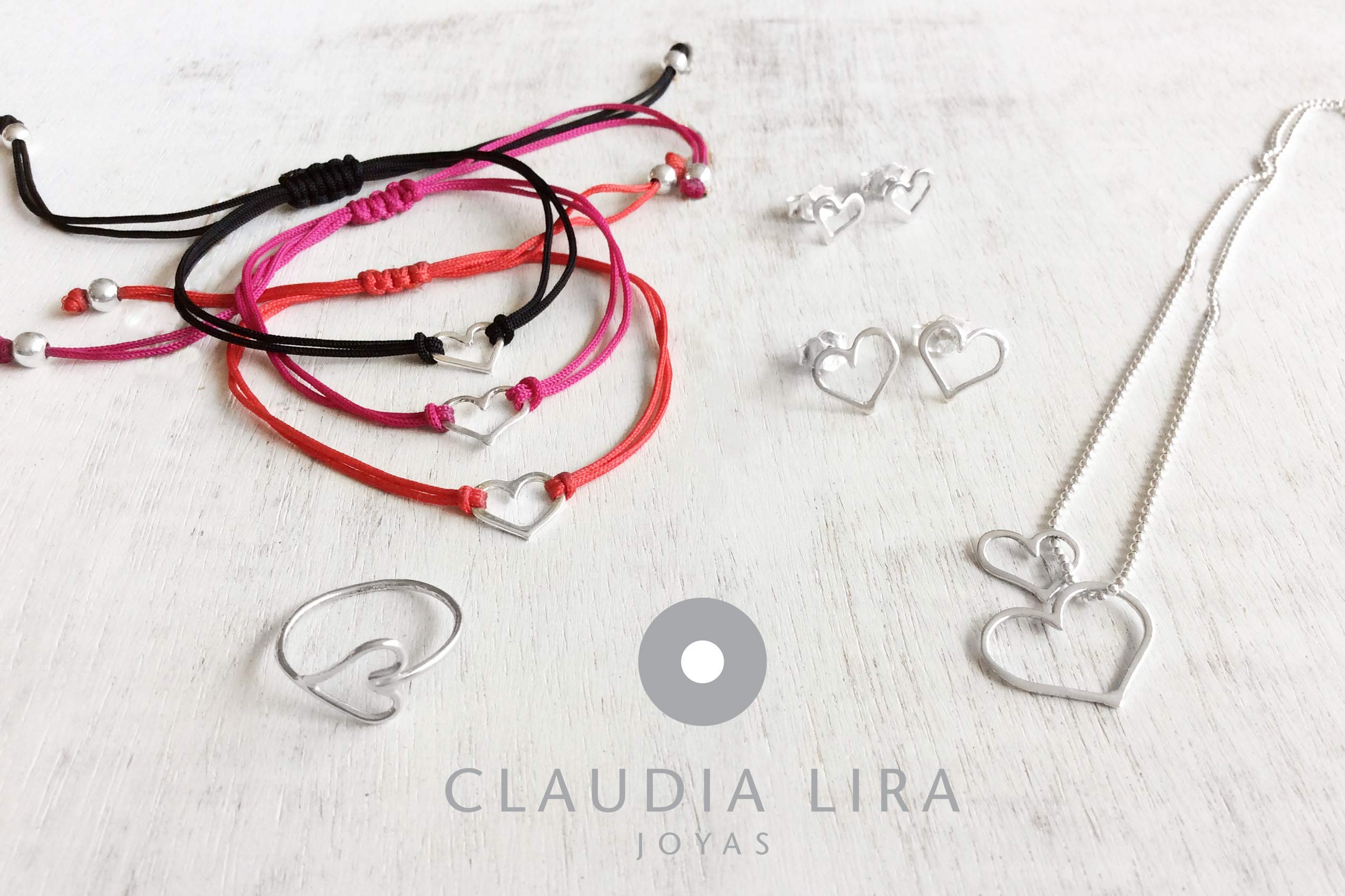 Claudia Lira Joyas Black Womens Friendship Bracelet, Small Handmade Sterling Silver 925 Open Heart Shaped Charm, Pull Adjustable Kindred Cord Thread. Handmade Heart Gift Set