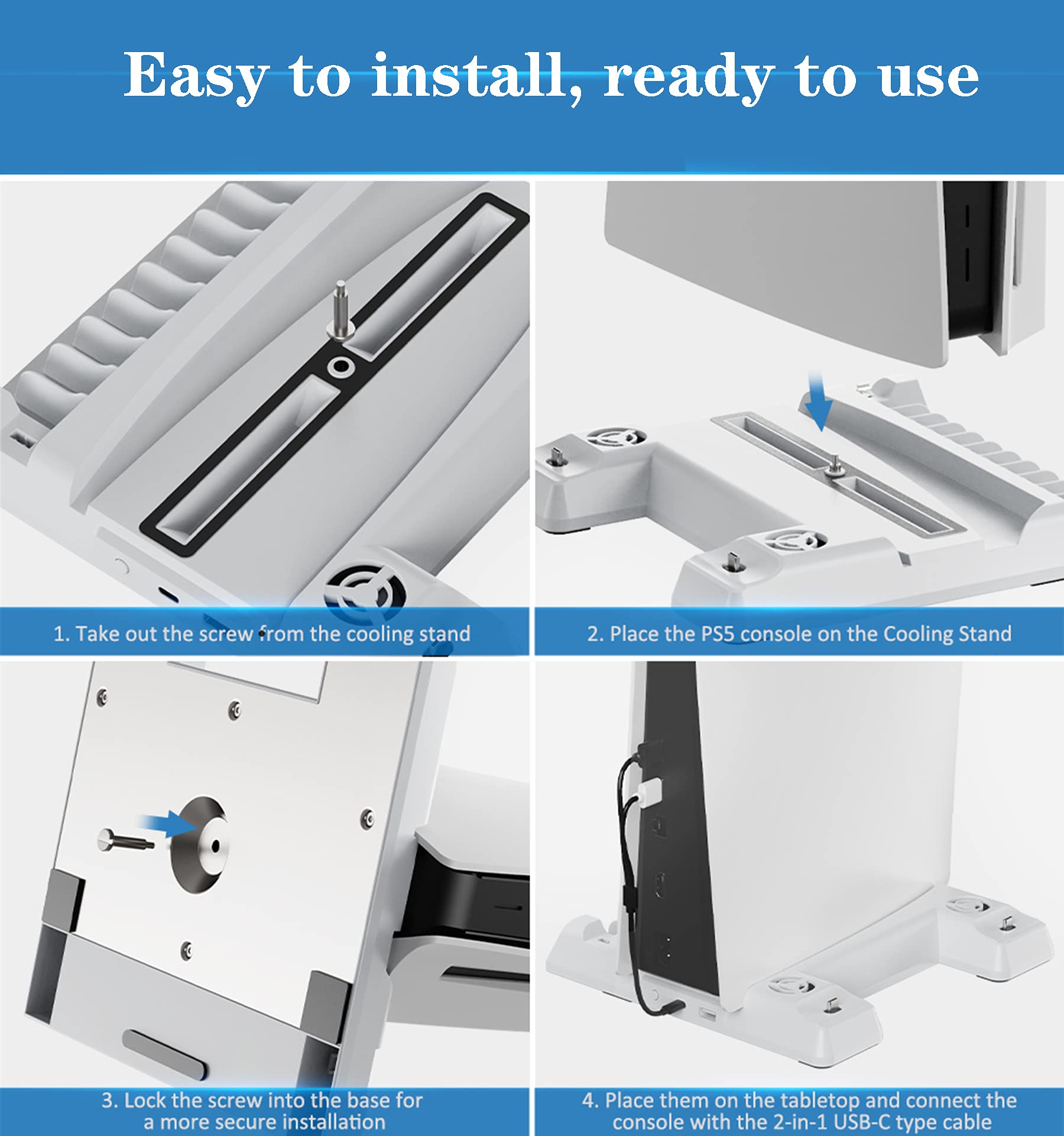 DOBE-TP5-0593 PS5 Stand with Suction Cooling Fan and Dual Controller Charger Station for Playstation 5 PS5 cooling fan stand + CD storage rack + handle dual charging for PS5 DE/UHD (white)