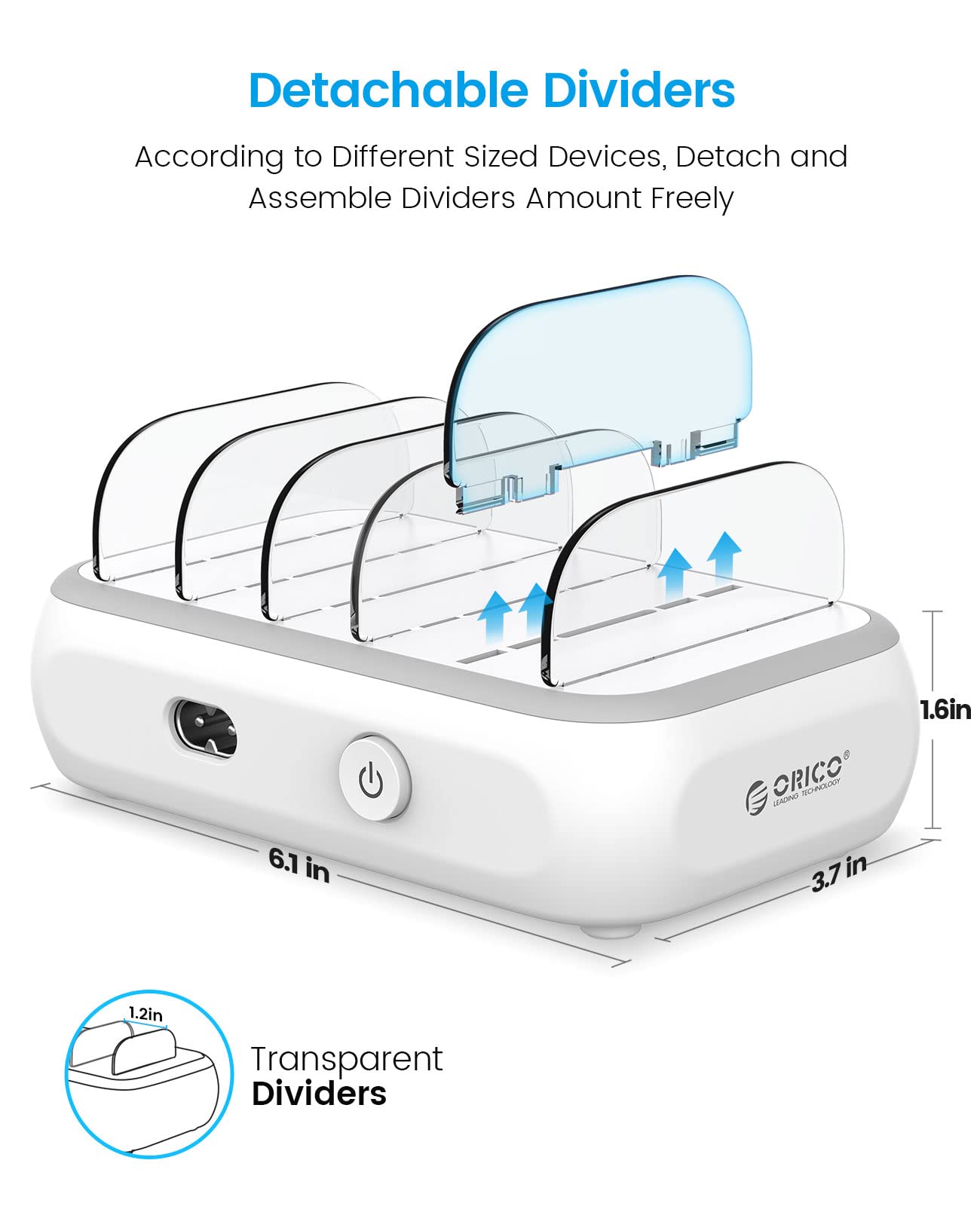 Charging Station for Multiple Devices, ORICO 5 USB Port 50W Fast Charging Dock PD 20W USB C Charger Station with Detachable Dividers,Compatible with iPhone,iPad,Samsung,Android and Tablet (White)