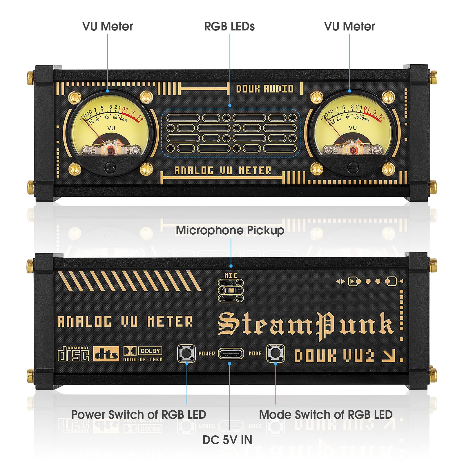 Douk Audio Retro Dual Analog VU Meter RGB Sound Level Indicator DB Panel Display
