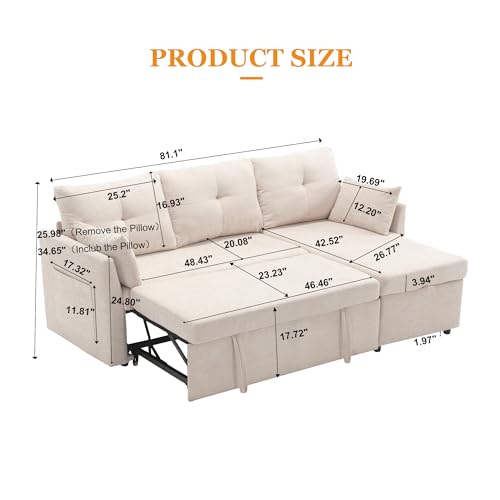 KYLE & KAY Convertible Sleeper Sofa Bed, L-Shaped Sectional Couch with Storage Chaise, Pull-Out Modular Chenille Sofa Bed for Small Apartments,Living Room and Office, Beige