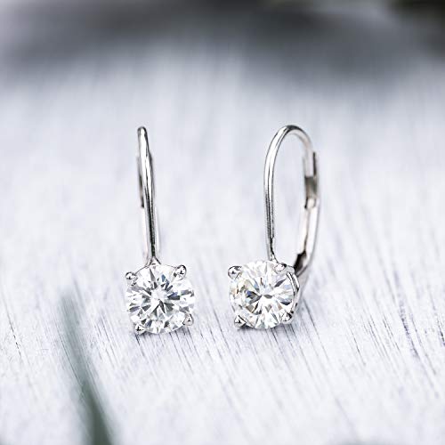 Charles & Colvard Created Moissanite 5mm Round Cut Leverback Drop Earrings for Women | 1 cttw DEW | Lab Grown | Solid 14K White Gold with Rhodium