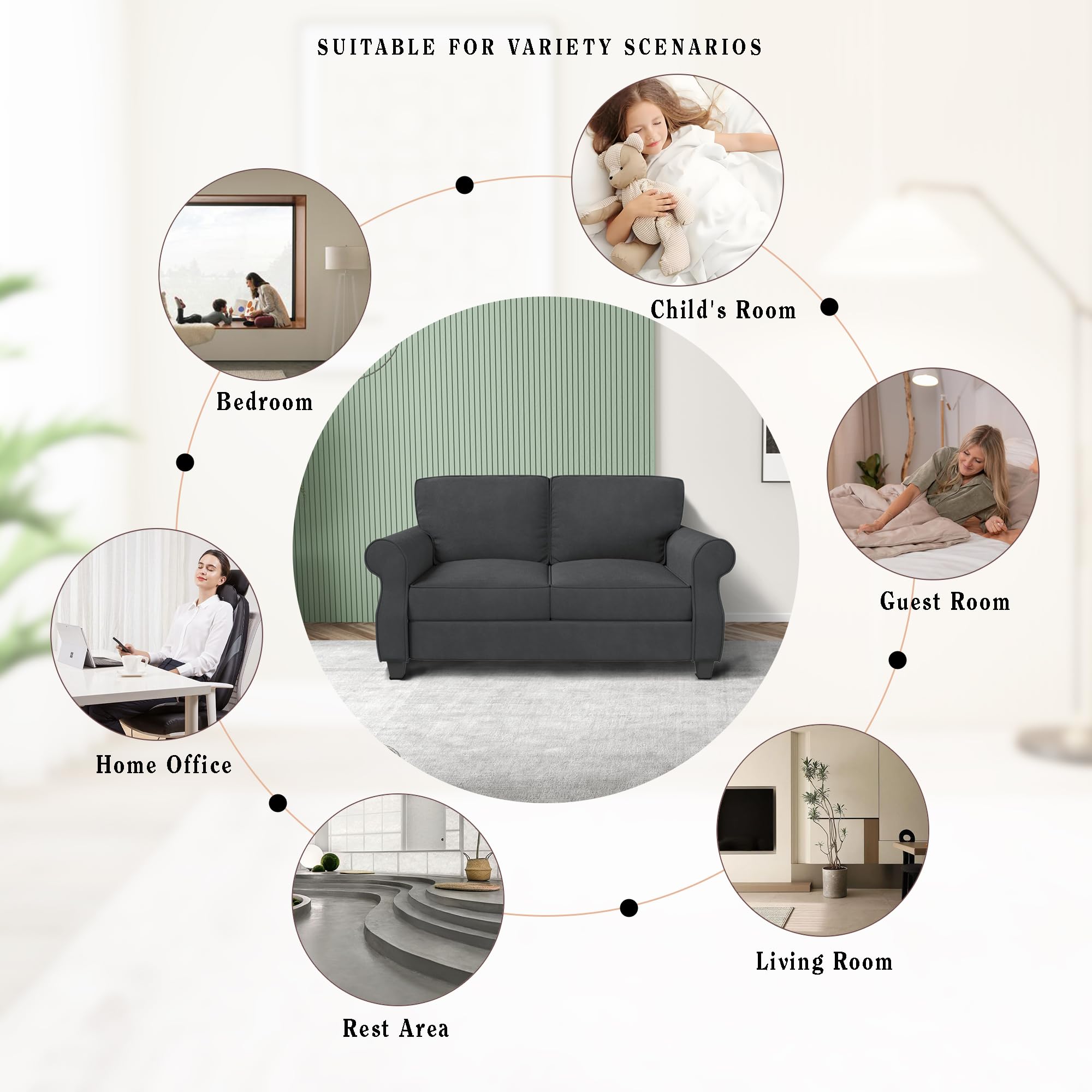 KYLE & KAY Modern 2 Seater Sofa Couch, Upholstered Small Sofa with Solid Wood Frame, Sectional Love Seat Couch for Living Room, Bedroom, Office, Apartment, Dark Gray