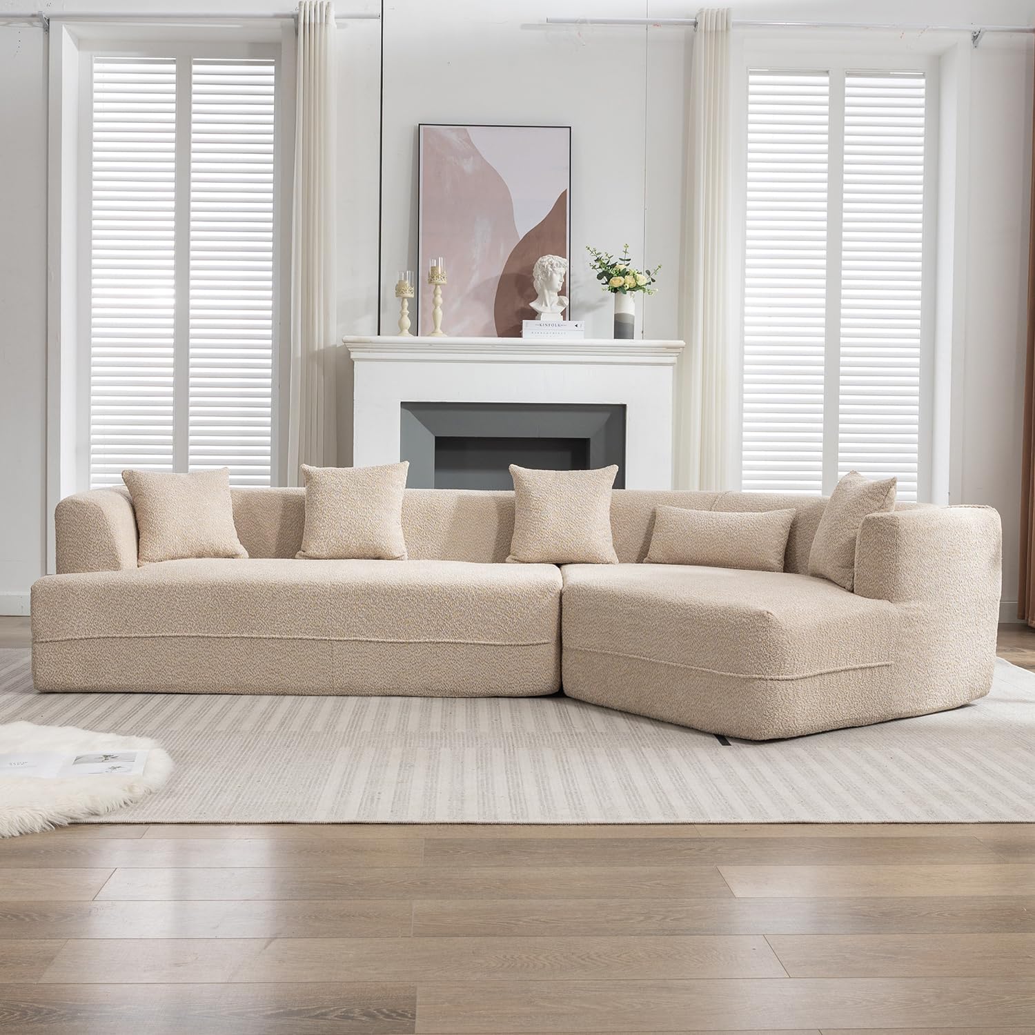 HanStrong Modular Sectional Sofa Curved Sponge Couch Modern Minimalist Upholstered Sleeper Sofa, 2pcs Free Combination Anti-Wrinkle Boucle Fabric Sofa for Living Room Apartment, Light Brown
