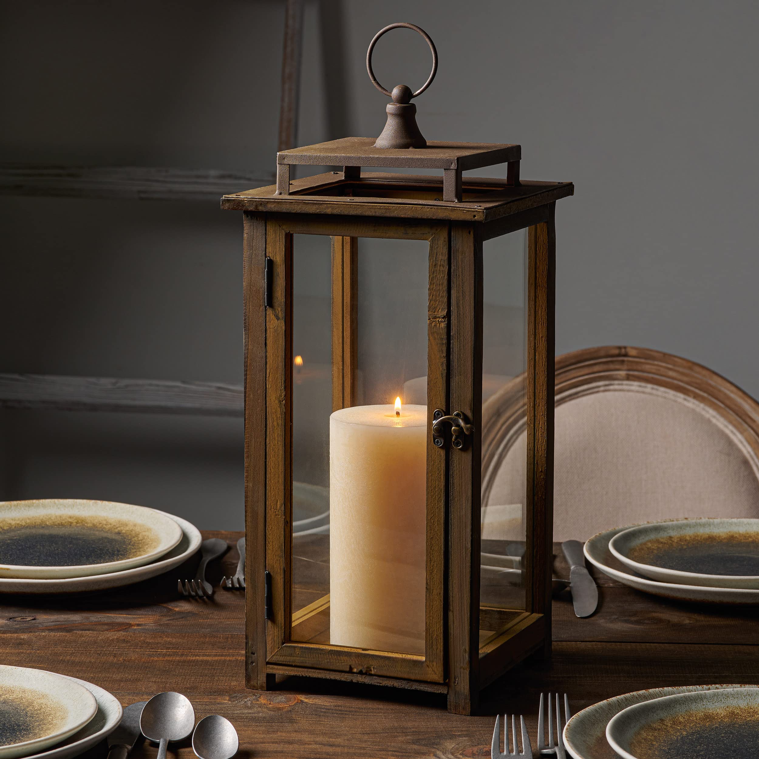 Stonebriar 18 Inch Rustic Wooden Candle Hurricane Lantern, For Table Top, Mantle, Wall Hanging, or Garden Display, Indoor & Outdoor Use, Extra Large