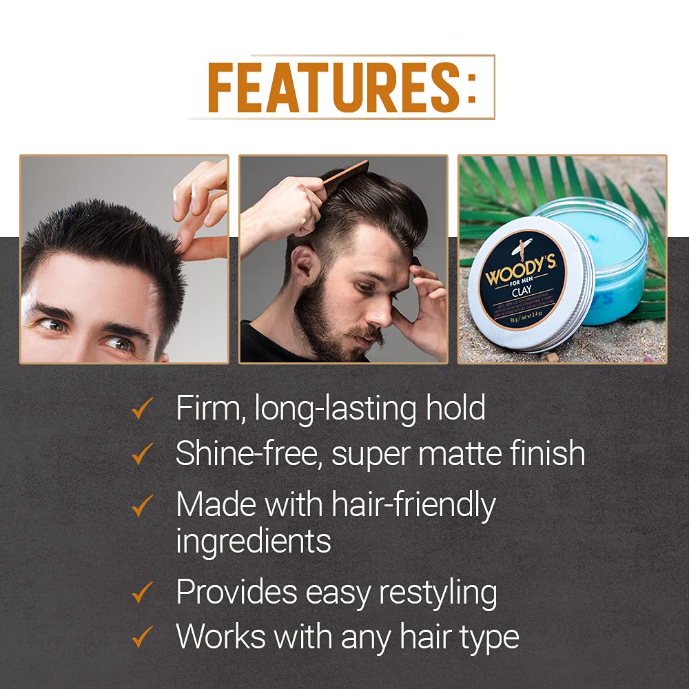 Woody's Premium Matte Finish Clay for Men, Firm & Flexible Hold, Sculpt, Define & Texturize, 3.4 Oz