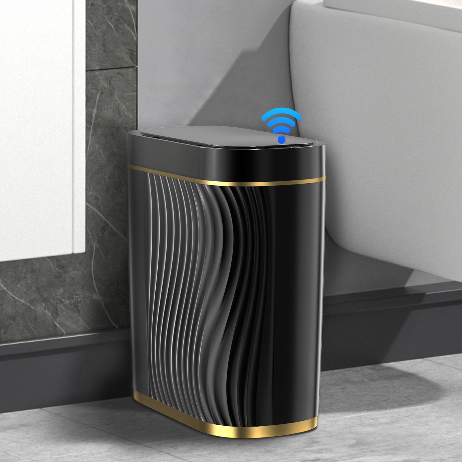 GloDeals Automatic Bathroom Trash Can with Lid: 2 Gallon Motion Sensor Trash Can, Touchless Small Bathroom Trash Bin, Waterproof Smart Garbage Can for Bathroom, Bedroom, Office, rv(Black)