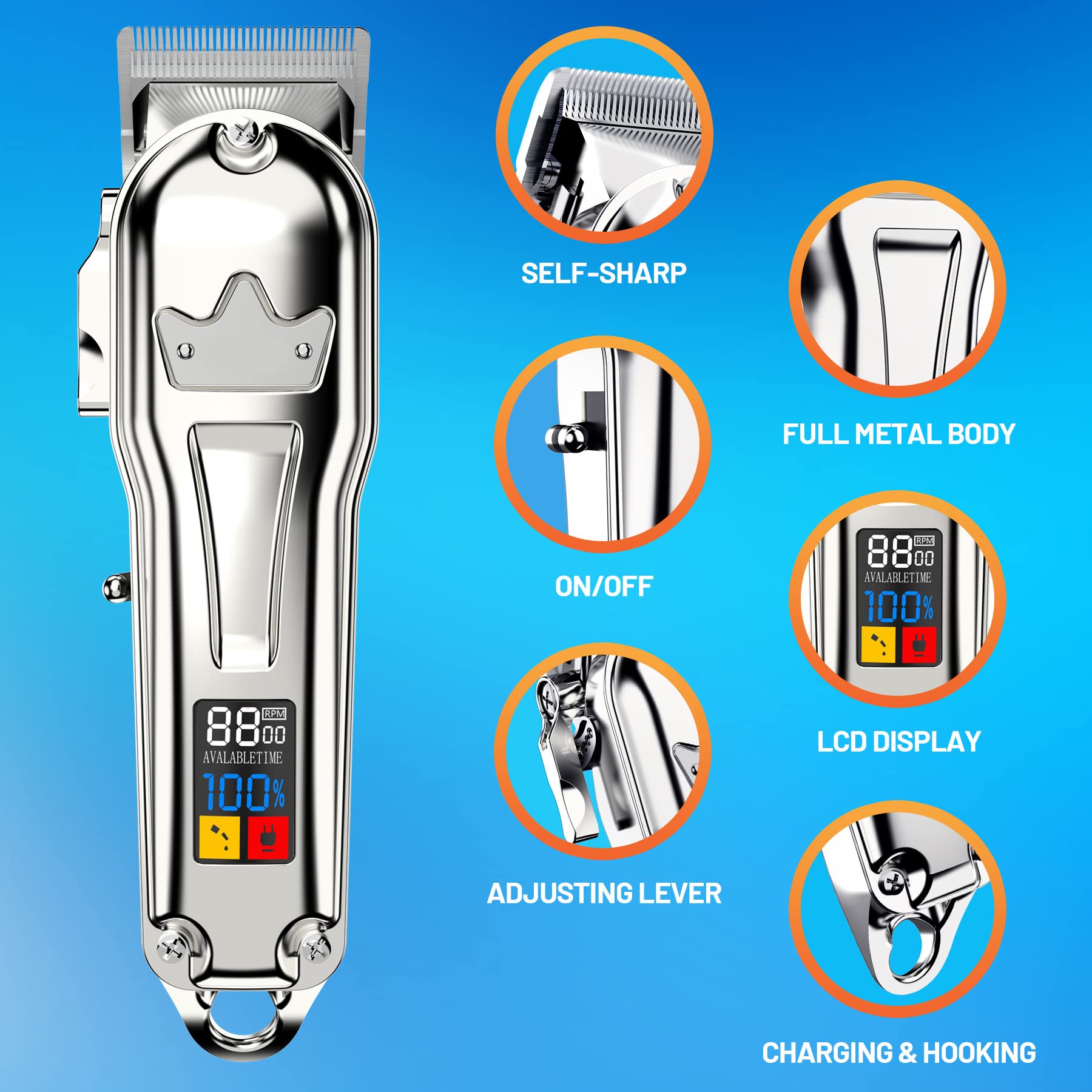 Hair Clippers for Men Professional Full Metal Cordless Hair Trimmer,Beard/Hair Cutting Grooming Kit USB Rechargeable,LED Display with Guide Combs Brush