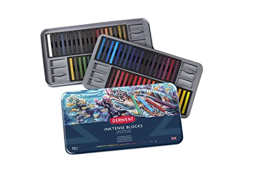 Derwent Inktense Blocks 72 Tin, Set of 72, 8mm Block, Soft Texture, Watersoluble, Ideal for Watercolor, Drawing, Coloring, Crafts and Painting on Paper and Fabric, Professional Quality (2301980)
