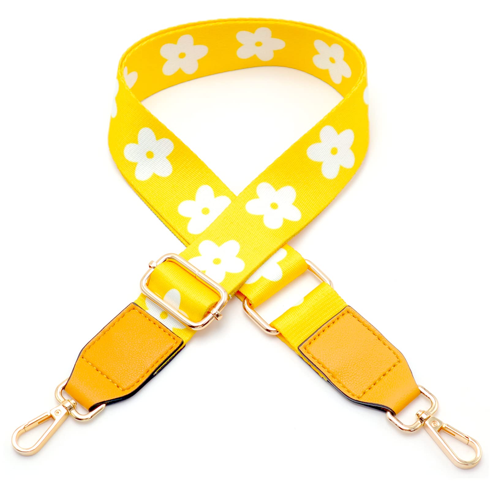 weiwei Wide Purse Strap Replacement,Flower Adjustable Guitar Style Bag Straps for Women Crossbody Handbags,Yellow Leather Design at The End