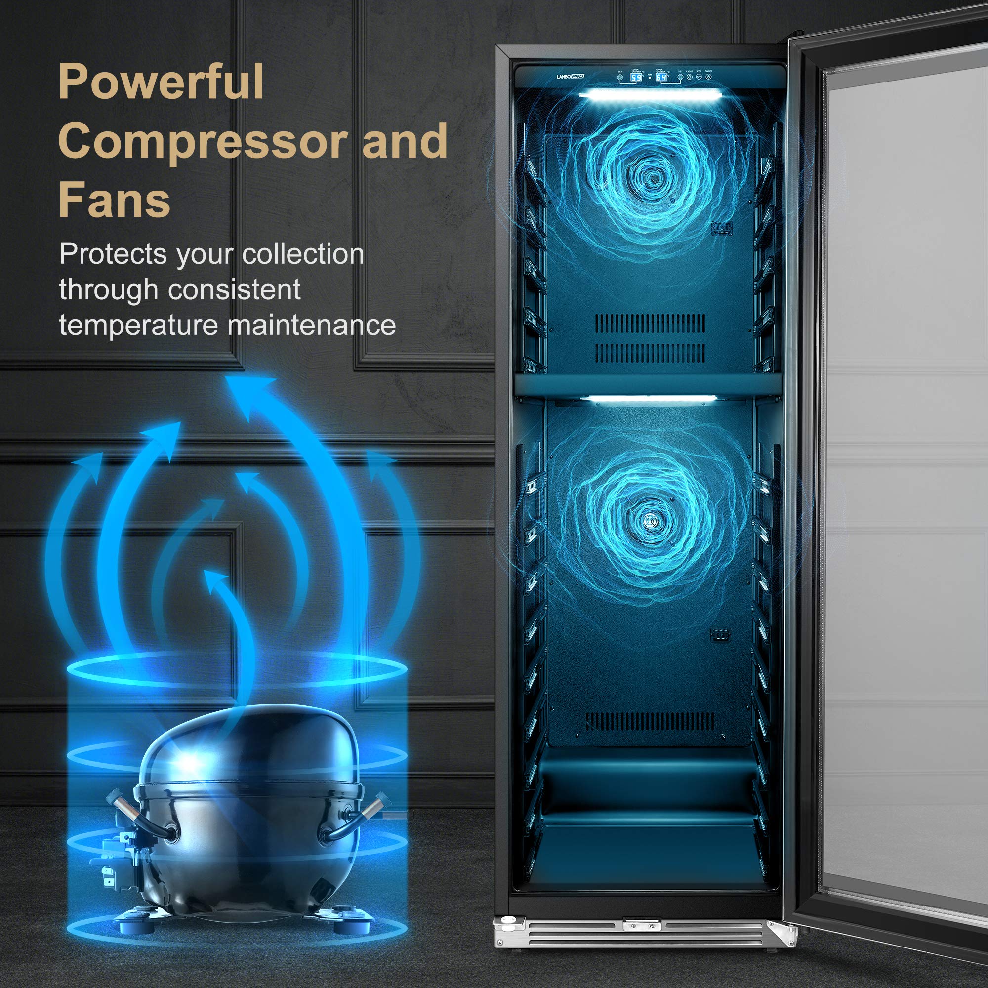 LANBOPRO Wine Cooler Refrigerator 153 Bottle Built-in Dual Zone Wine Cooler, Seamless Stainless Steel Trimmed Door, 24 Inch
