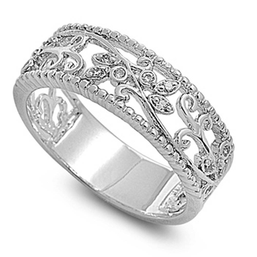 Clear CZ Leaf Swirl Filigree Polished Ring Sterling Silver Thumb Band Size 8