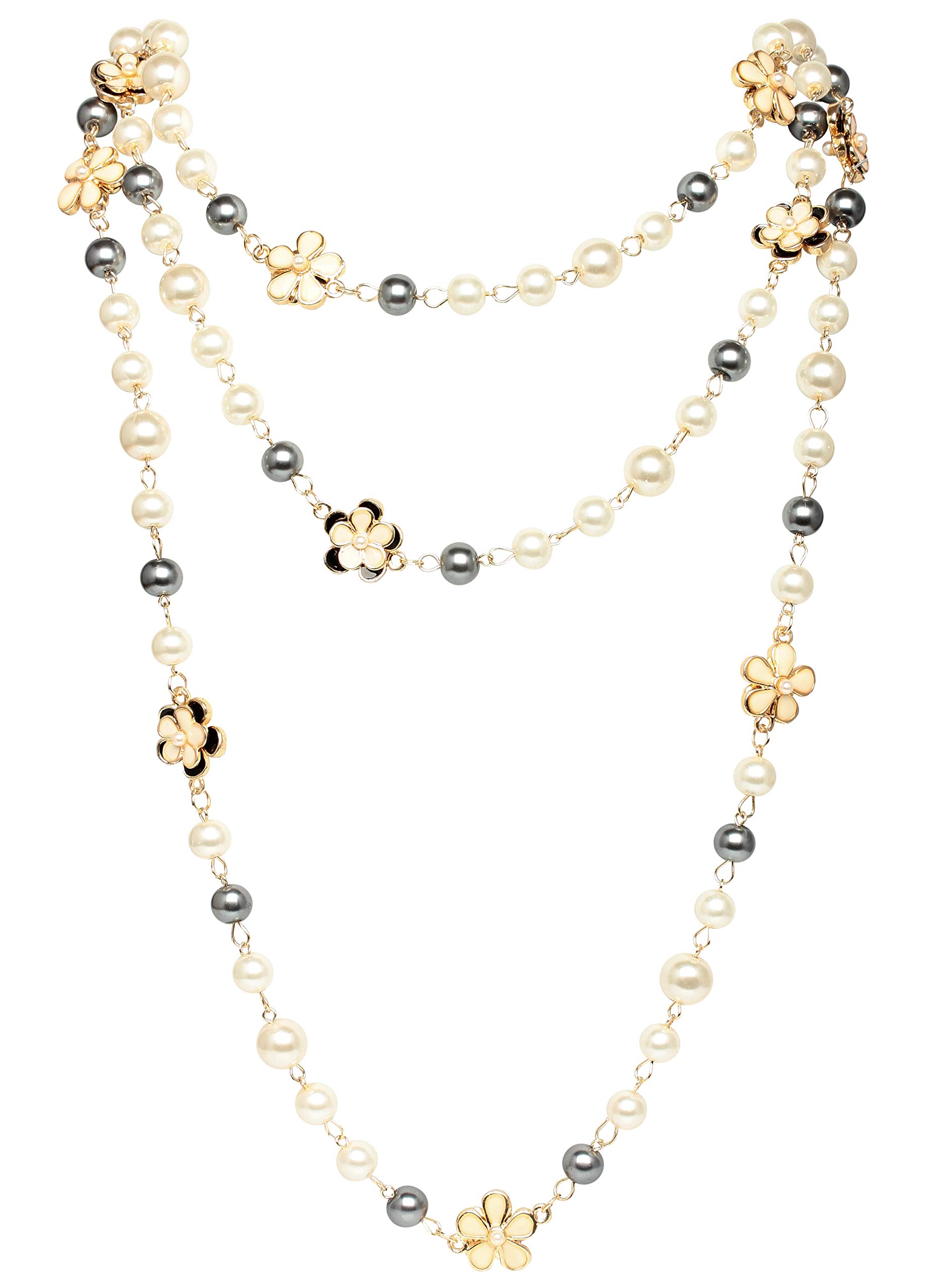 Designer Inspired Long Double Pearl Strand Layered Camellia Flower Pendant Necklace for Women, Dainty Sweater Necklace for Party, Vintage Costume Jewelry