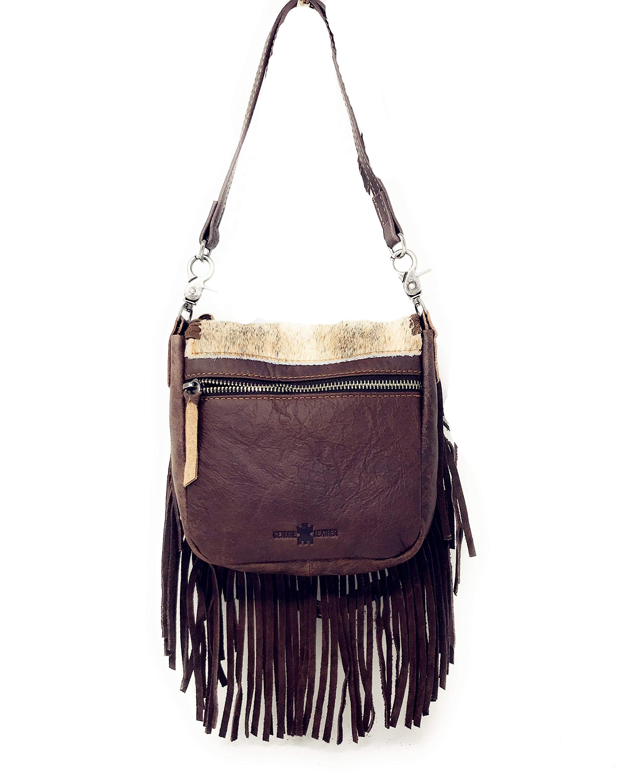 Western Genuine Tooled Leather Cowhide Fur Fringe Women's Crossbody Chian Bag/Purse (Beige)