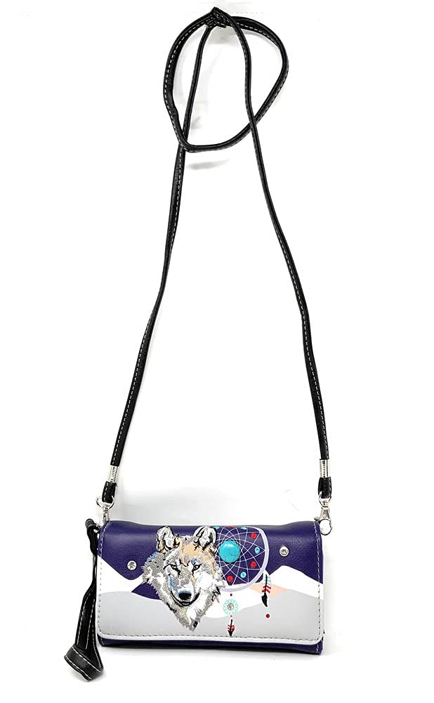 Western Wolf Dream Catcher Embroidery Feather Conceal Carry Women Handbag Purse in 5 colors (Black Wallet)