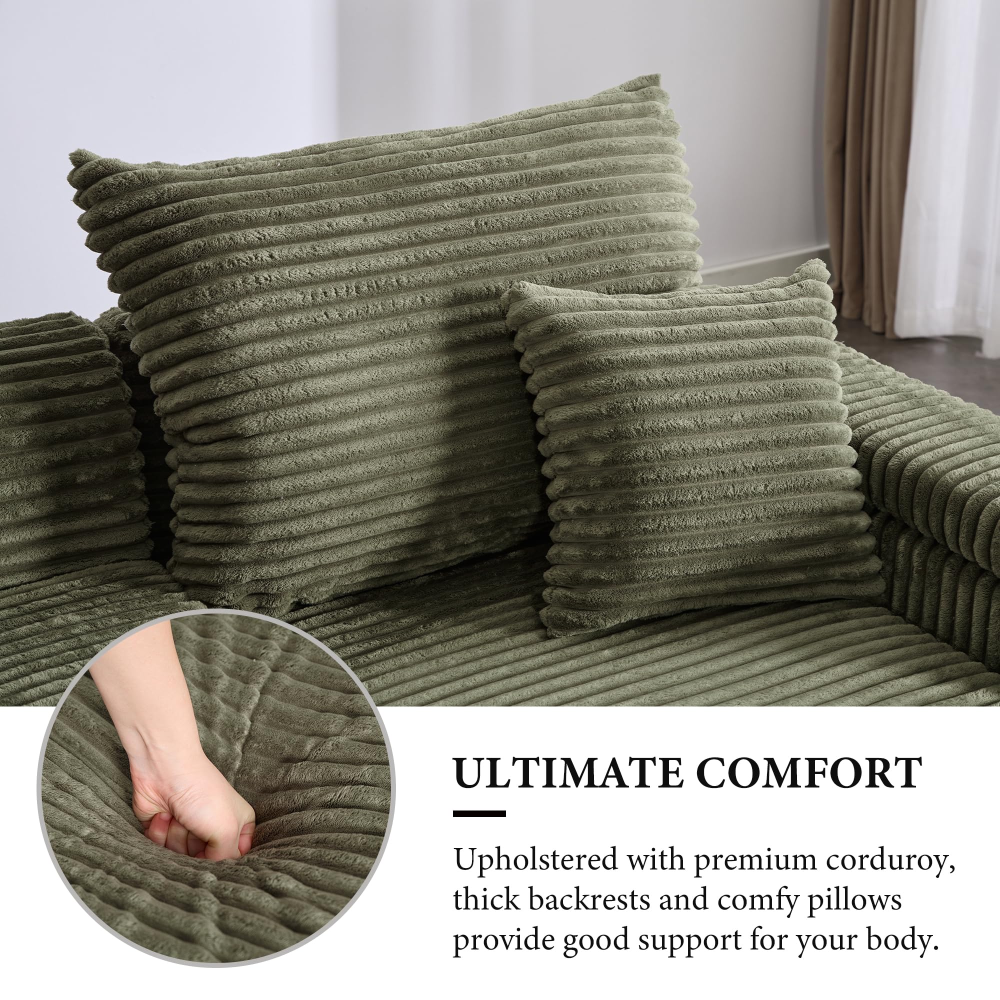GNIXUU 82.7" Oversized Loveseat Sectional Sofa Sleeper with Storage Console & Cup Holders & USB Ports, Comfy Chaise Lounge Couch Bed with Ottomans for Living Room, Green Corduroy