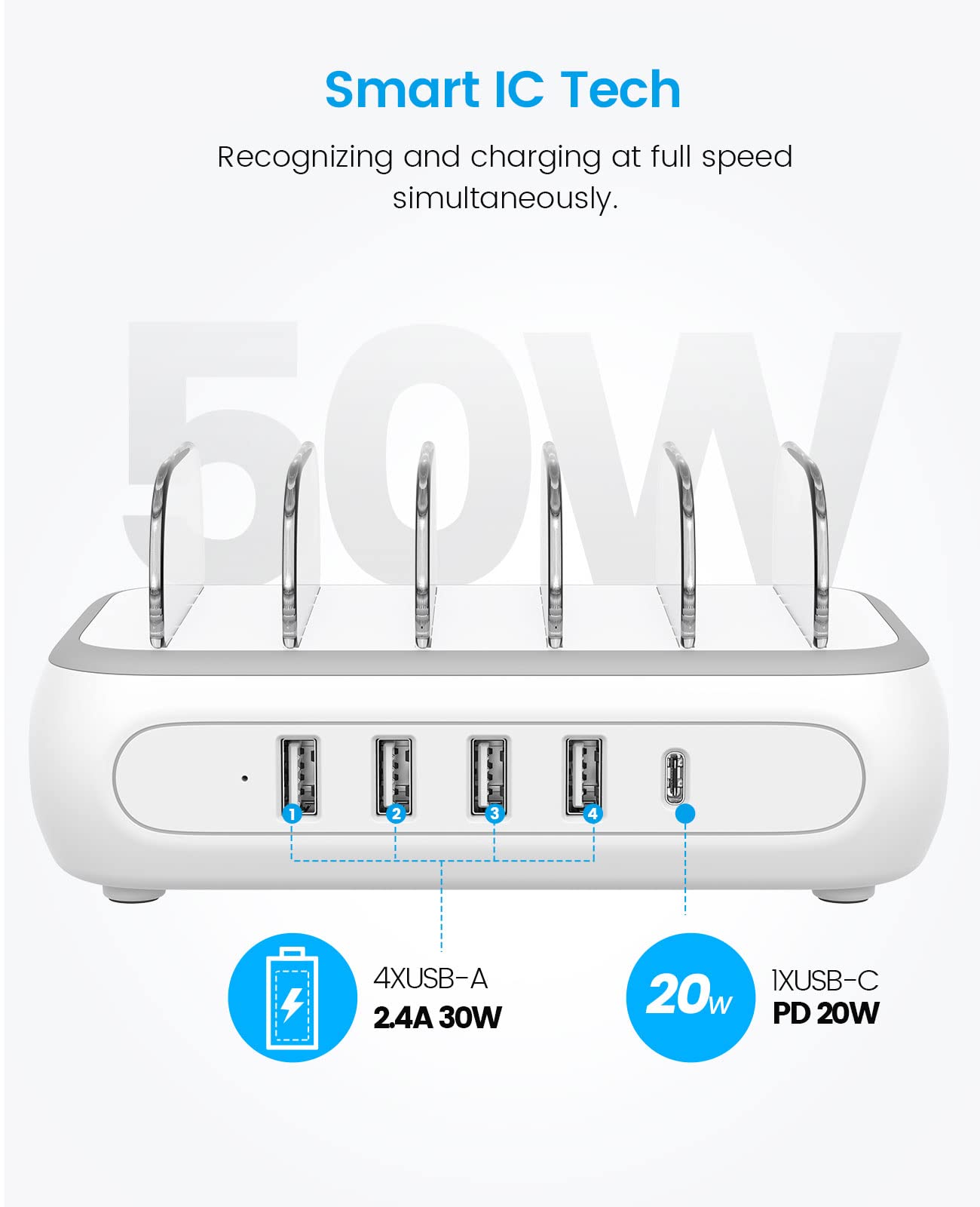 Charging Station for Multiple Devices, ORICO 5 USB Port 50W Fast Charging Dock PD 20W USB C Charger Station with Detachable Dividers,Compatible with iPhone,iPad,Samsung,Android and Tablet (White)