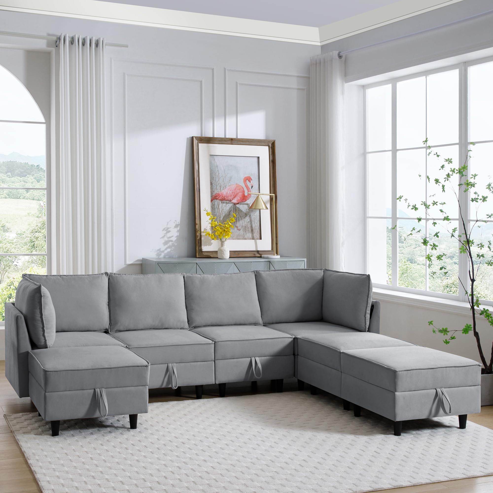 GNIXUU Modular Sectional Sofa Sleeper, Convertible U Shaped Storage Couch Bed with Ottoman, Oversized 7 Seat Couches for Living Room, Grey Linen