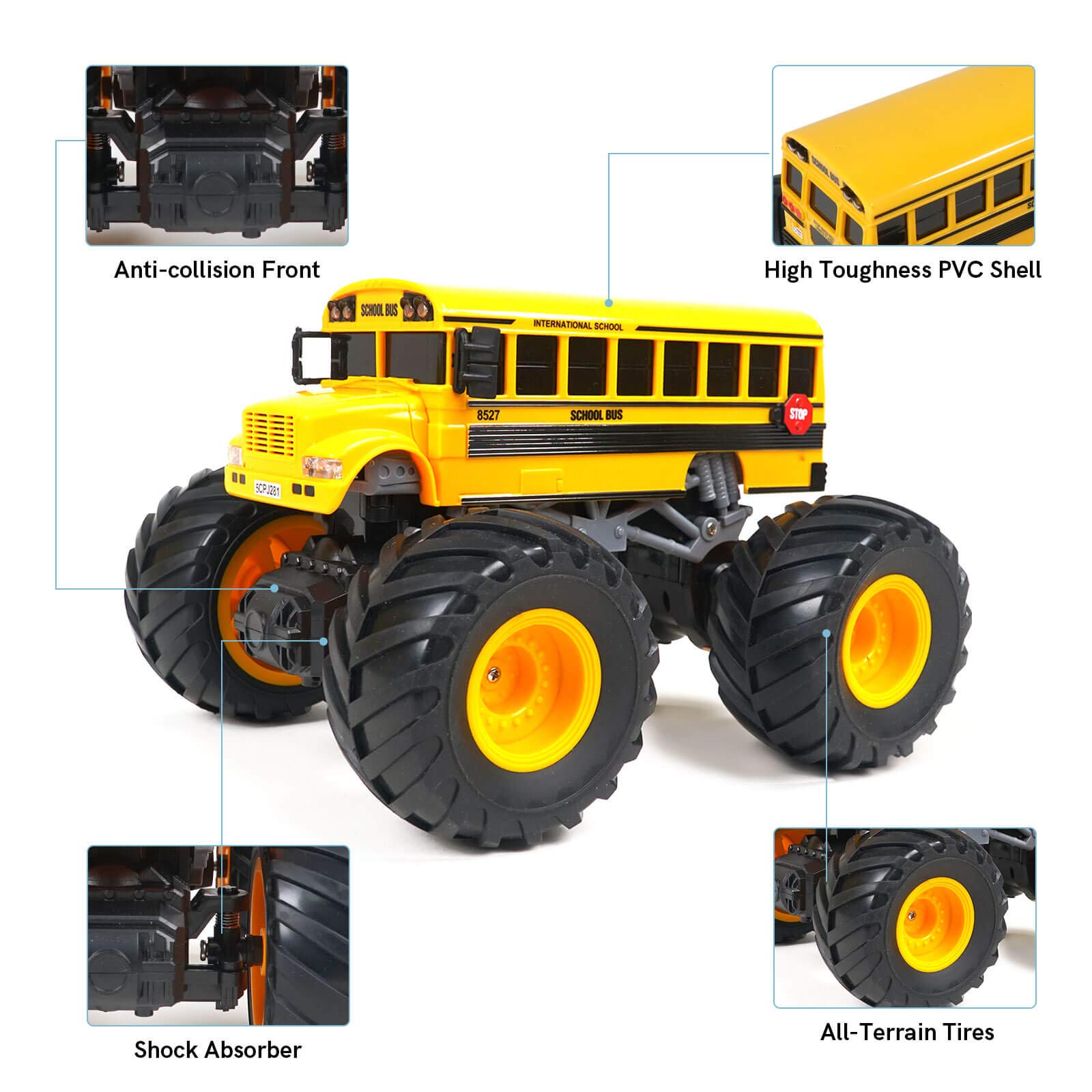 WOWRC Remote Control Fire Truck RC School Bus with Sounds Lights Rechargeable 2.4GHz Monster Trucks Toy for Kids, Boys, Toddlers (Yellow)