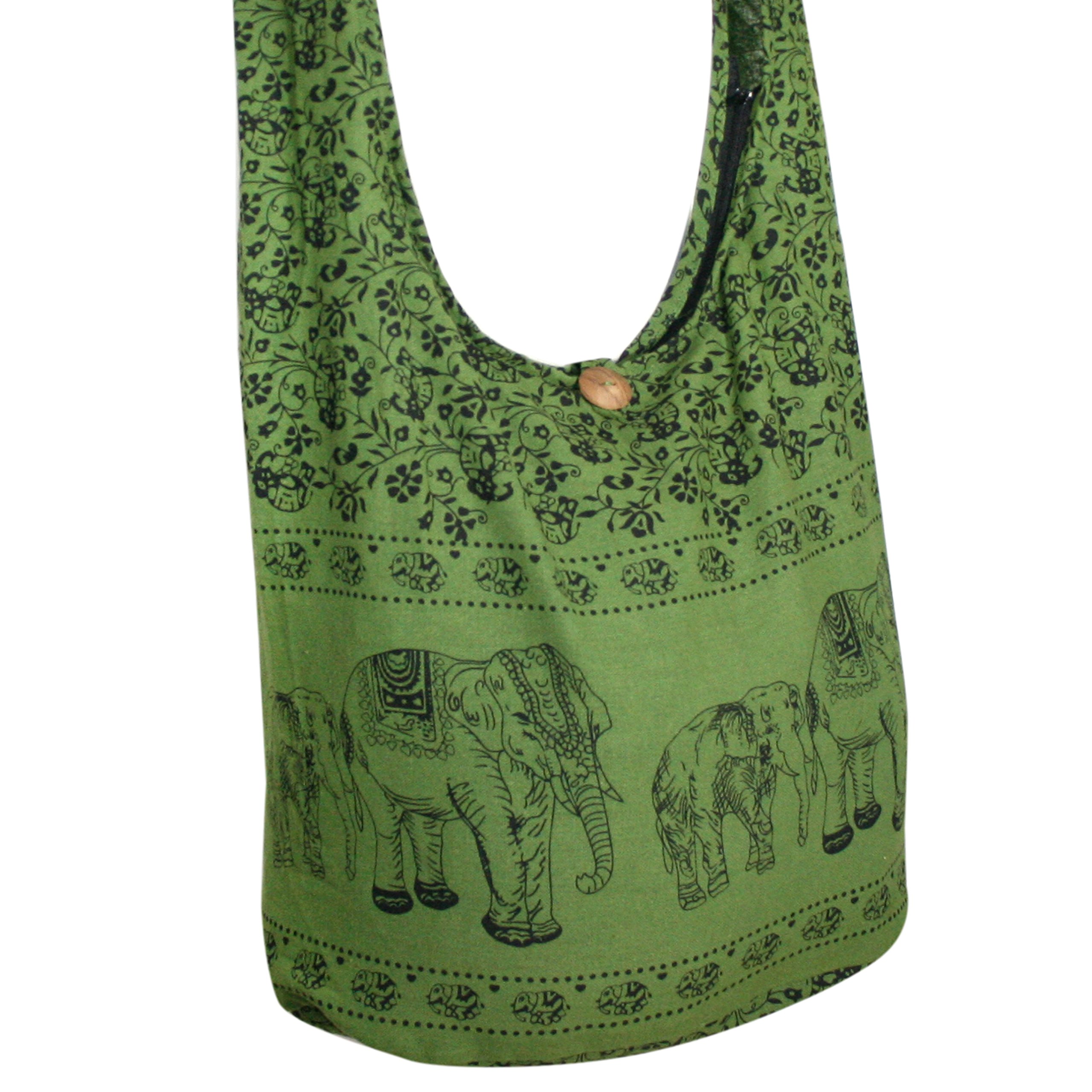 Thai Monk Buddha Cotton Elephant Sling Crossbody Messenger Bag Shlouder Purse Hippie Hobo Color Green