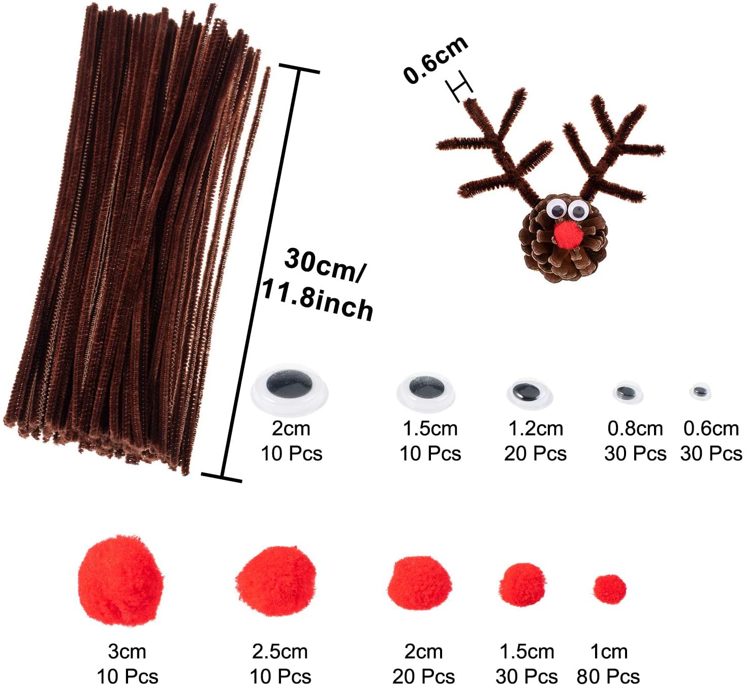 Whaline 350 Pcs Christmas Pipe Cleaners Set Including 100 Pcs Brown Craft Chenille Stems, 100 Pcs Multi Sized Wiggle Googly Eyes and 150 Pcs Pompoms for Christmas Craft Party DIY Art Supplies