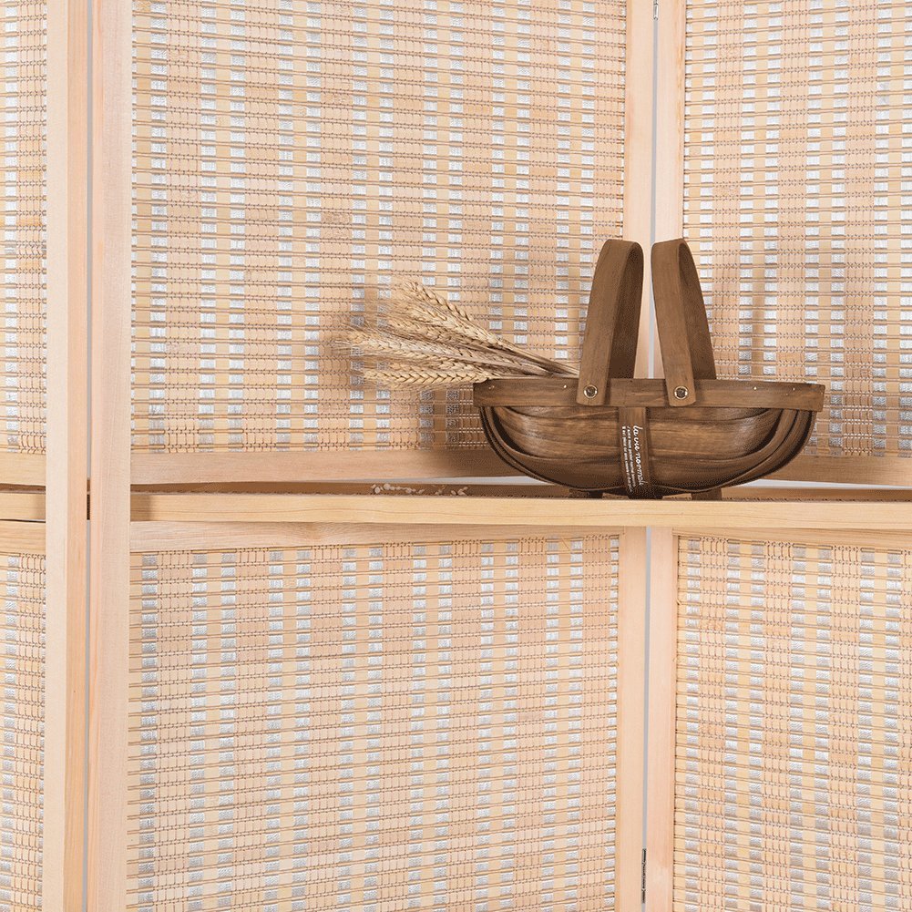 RHF 6 ft Tall (Extra Wide) Beige Woven Bamboo Room Divider&Room dividers and Folding Privacy Screens,Partition Wall, with 2 Display Shelves&Room Divider with Shelves-Bamboo -4 Panels 2 Shelves