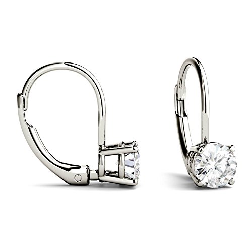 Charles & Colvard Created Moissanite 5mm Round Cut Leverback Drop Earrings for Women | 1 cttw DEW | Lab Grown | Solid 14K White Gold with Rhodium