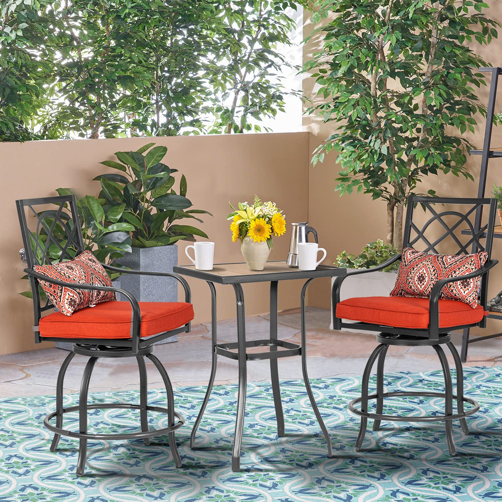 Patiomore Patio Swivel Bar Stools, Outdoor Bar Height Bistro Chairs Set of 2, Metal Iron Frame with Seat Cushions, Red