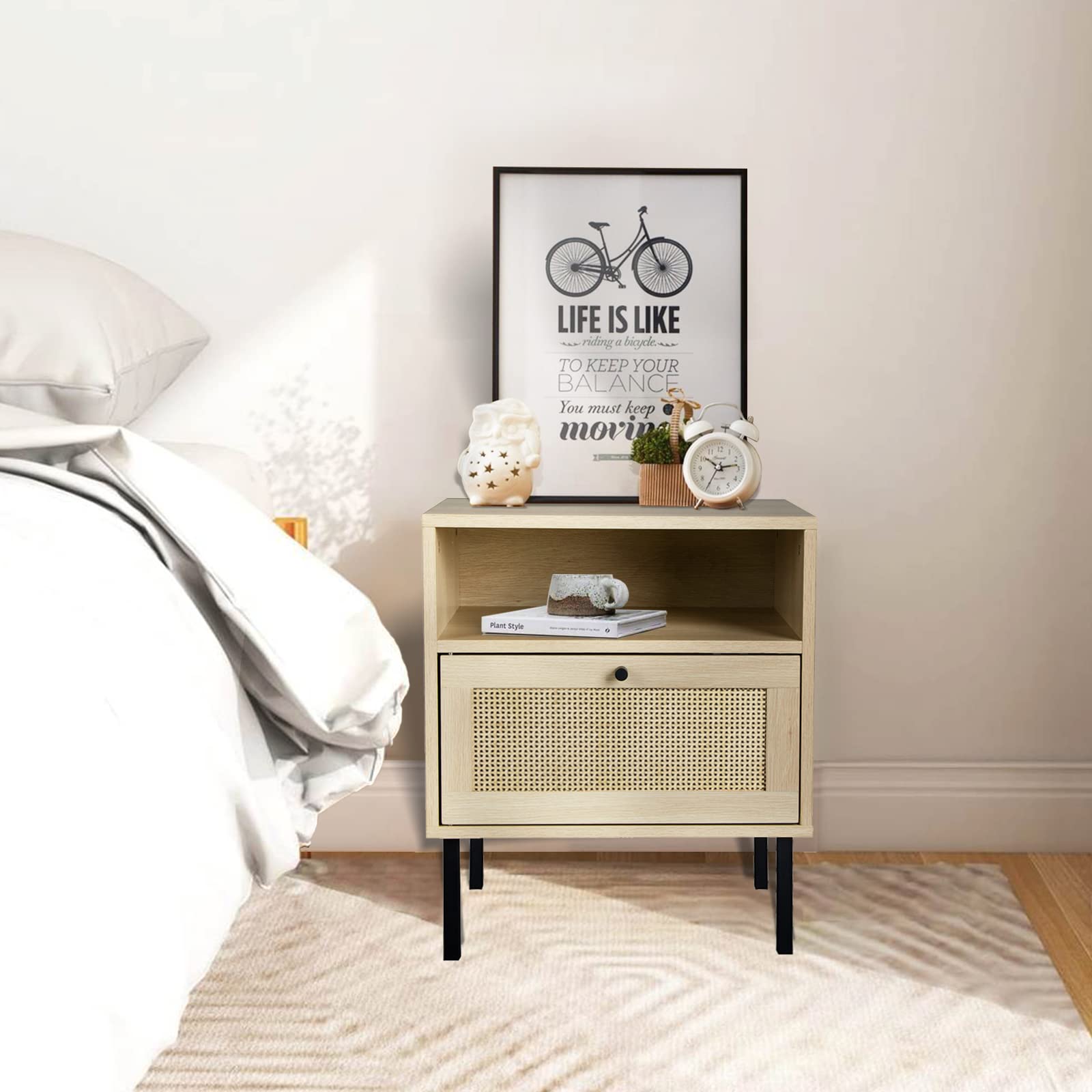 Lamerge Rattan Nightstand Set of 2, Wooden End Table, Modern Side Table with 2 Storage Drawer, Accent Table for Living Room, Bedroom and Small Spaces, Black
