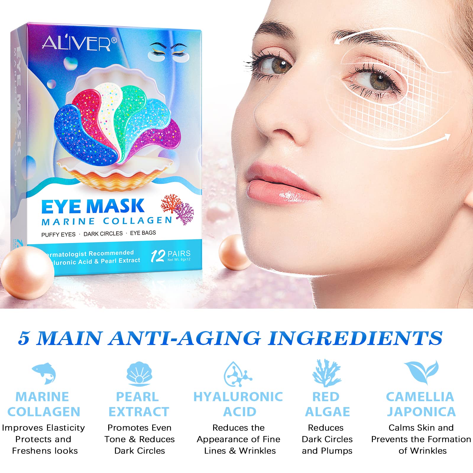 FRDUGA Marine Collagen Eye Masks, 12 Pairs - Anti-Aging, Dark Circle, Moisturizing, Puffiness, Wrinkles