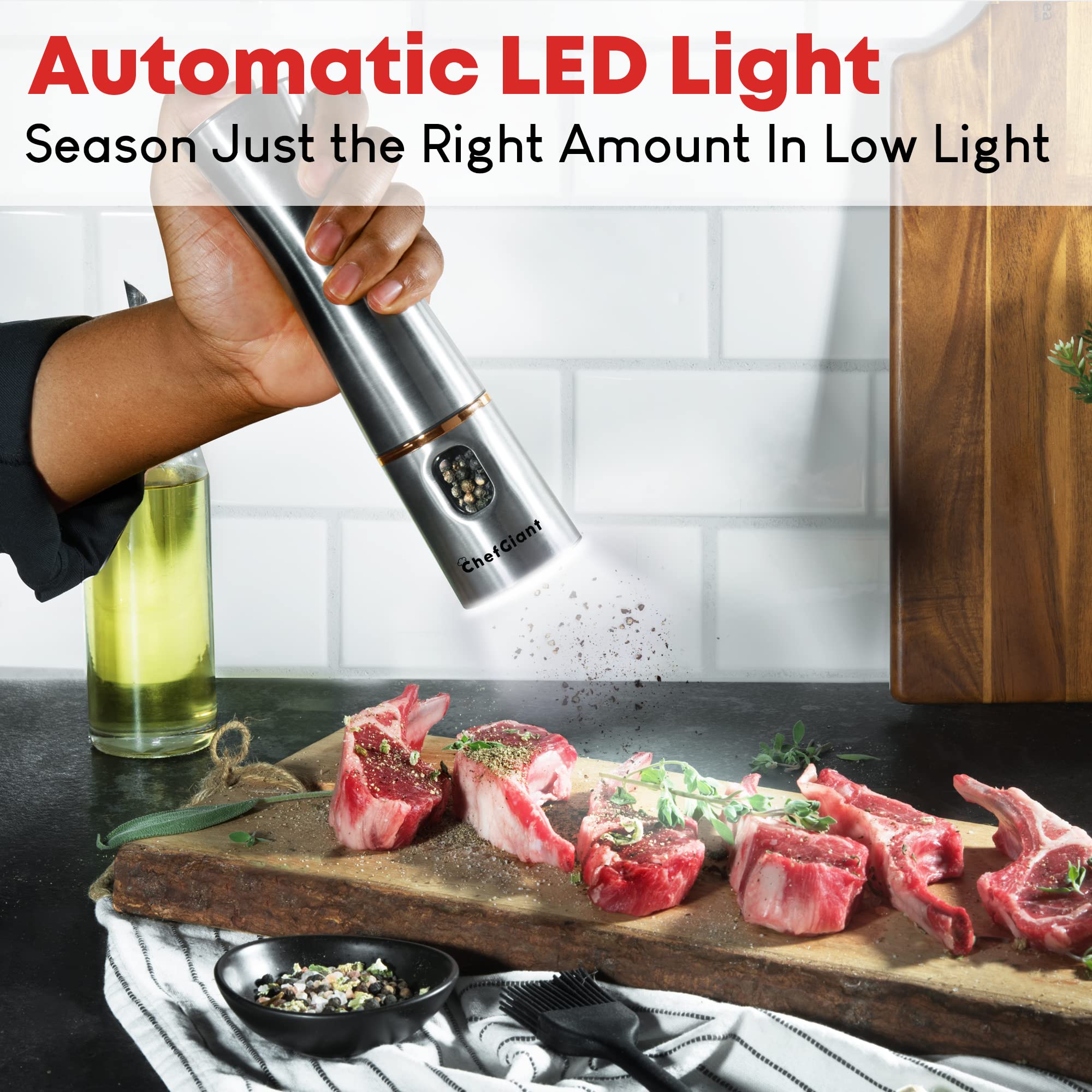 ChefGiant Electric Salt and Pepper Grinder Set - Rose Gold & Stainless Steel One Hand Operated Adjustable Coarseness Mill with LED Light, Batteries, Measuring Spoon & Brush